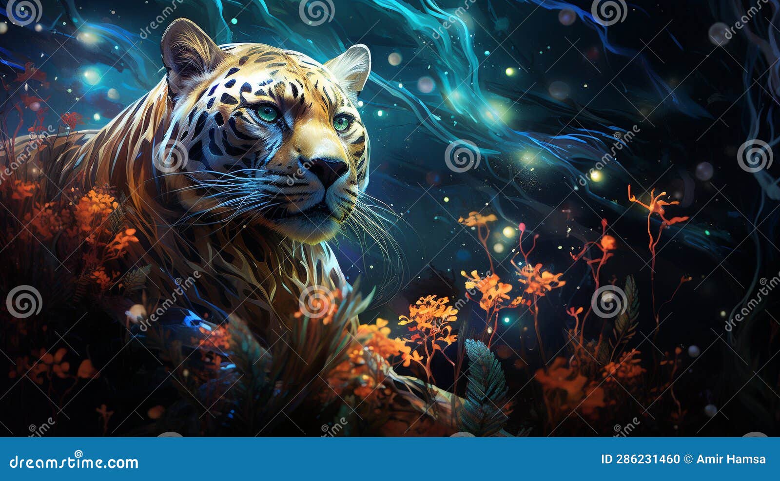 Tiger with Colorful Glow Light Stock Illustration - Illustration of ...