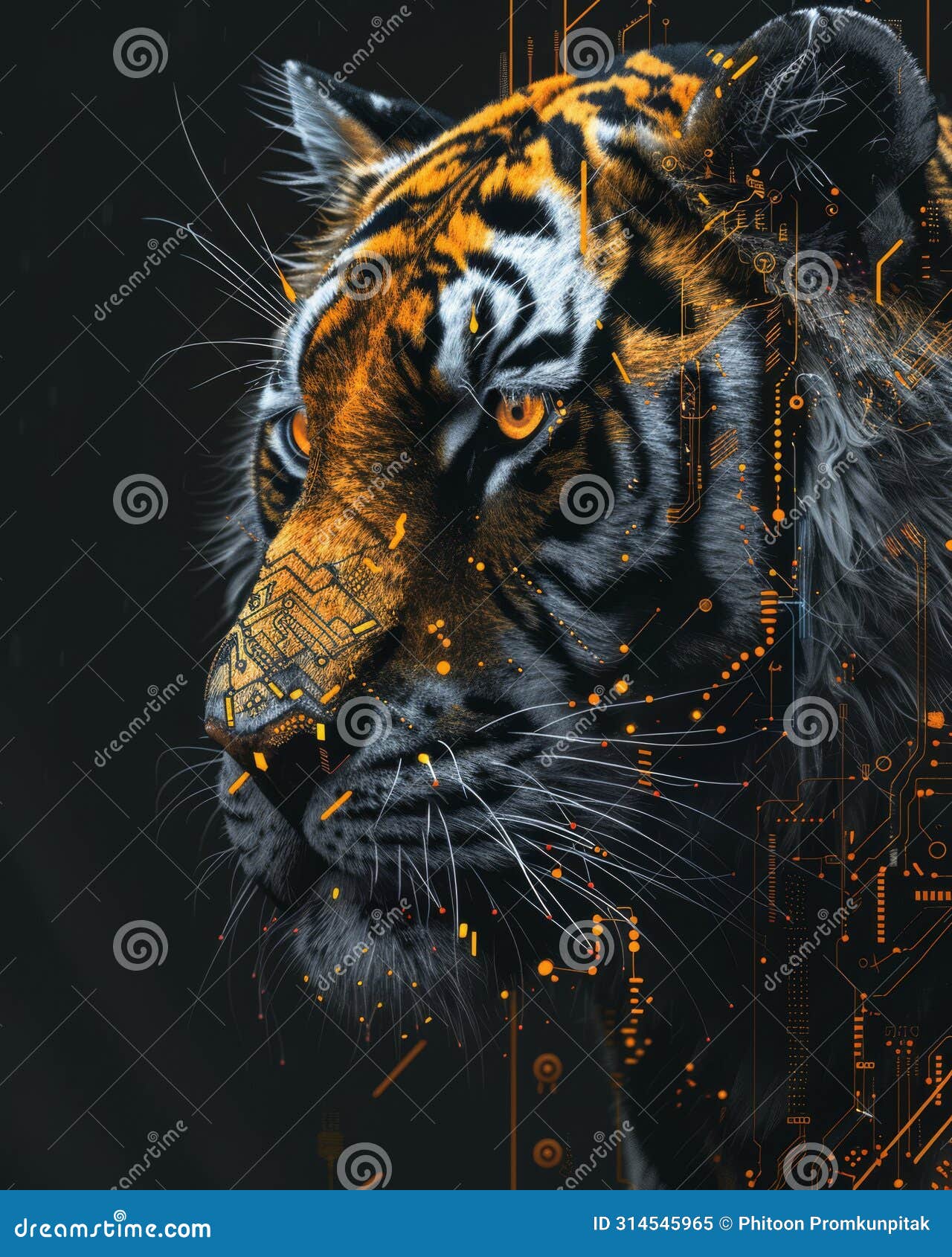 A Tiger with a Computer Chip Design on Its Face Stock Illustration ...