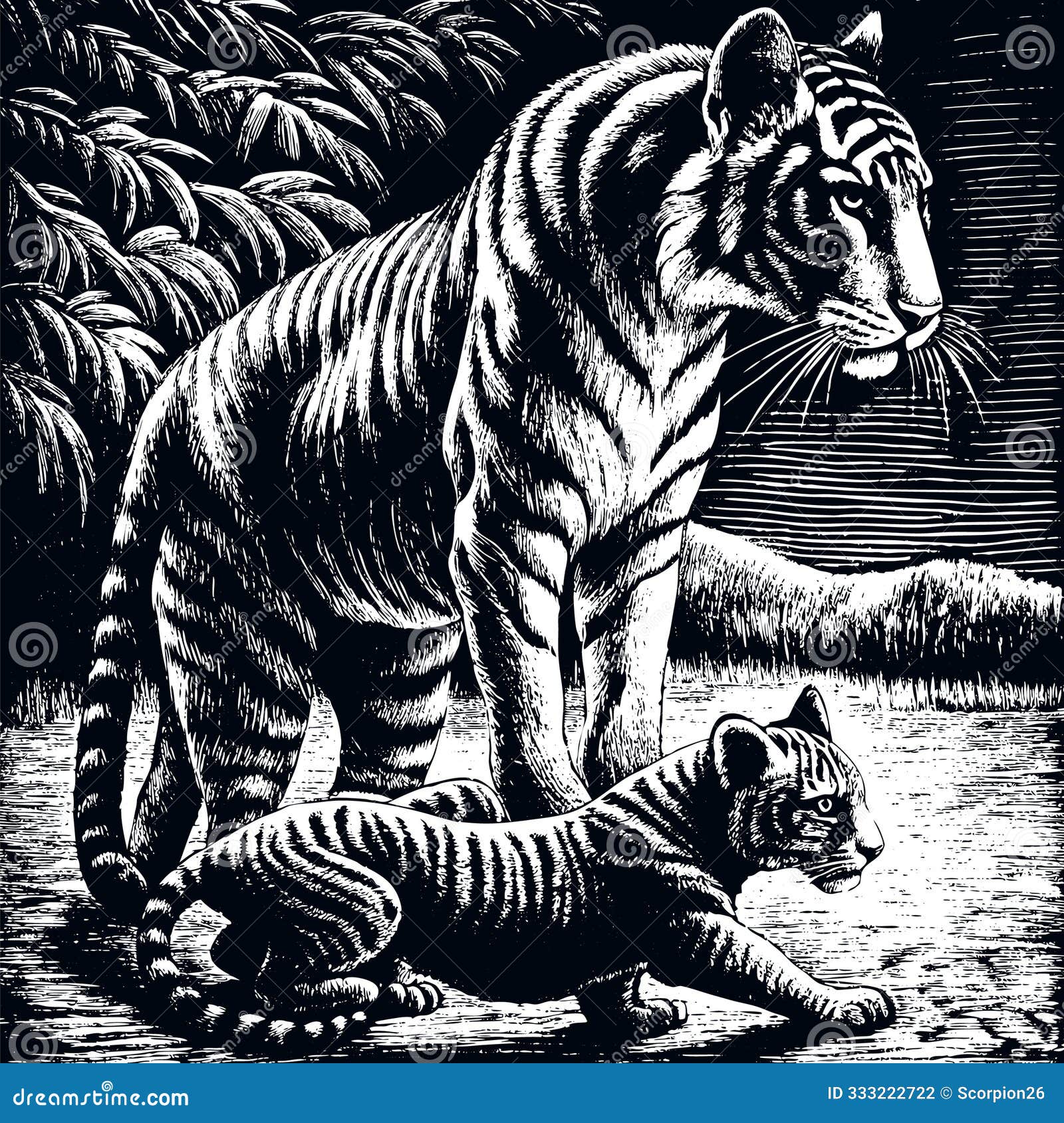 Tiger with Cub Engraved Vector Stock Illustration - Illustration of ...