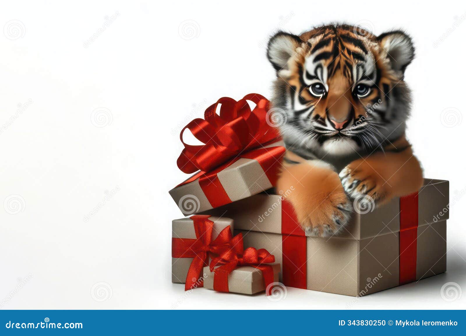 A Tiger Cub in a Gift Box with a Red Ribbon. Space for Text. Stock ...
