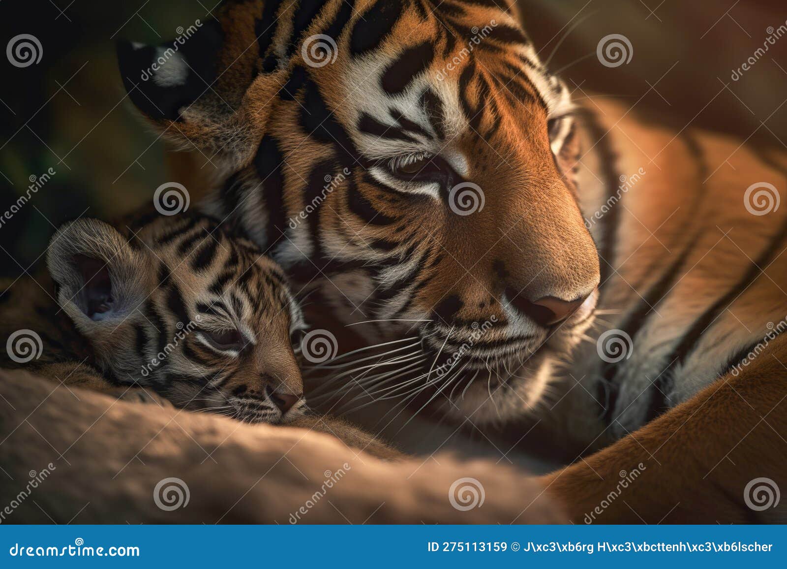 Tiger Cub on His Mother Tiger in a Jungle Stock Illustration ...