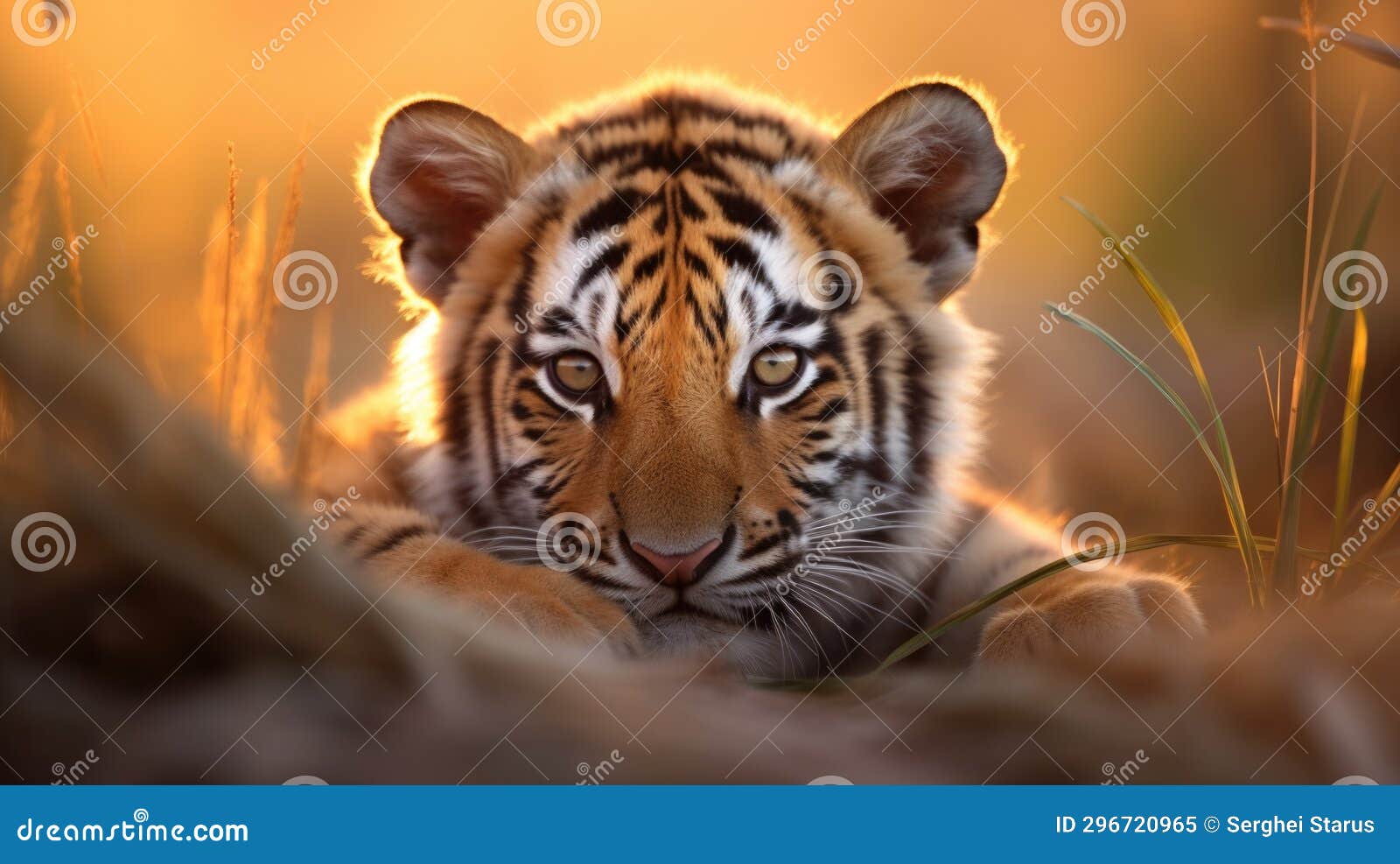 A Tiger Cub is Sitting in the Grass at Sunset, AI Stock Image - Image ...