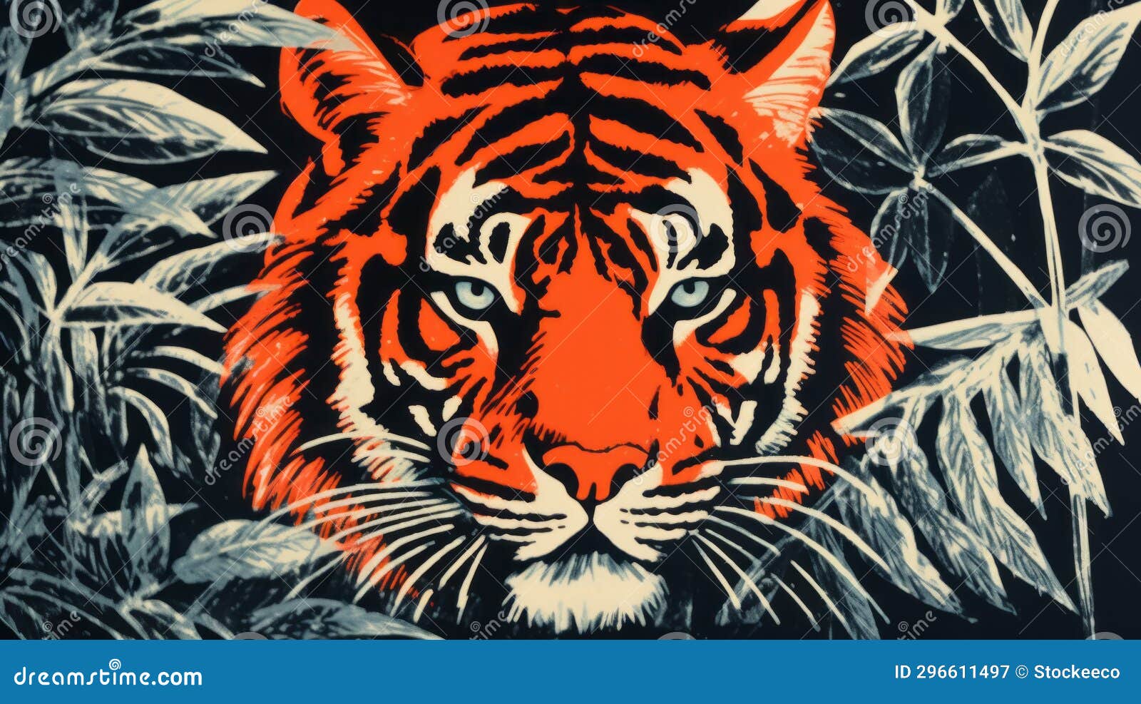 Soviet Nonconformist Art: Orange Tiger Face in Jungle Lino Print Stock ...