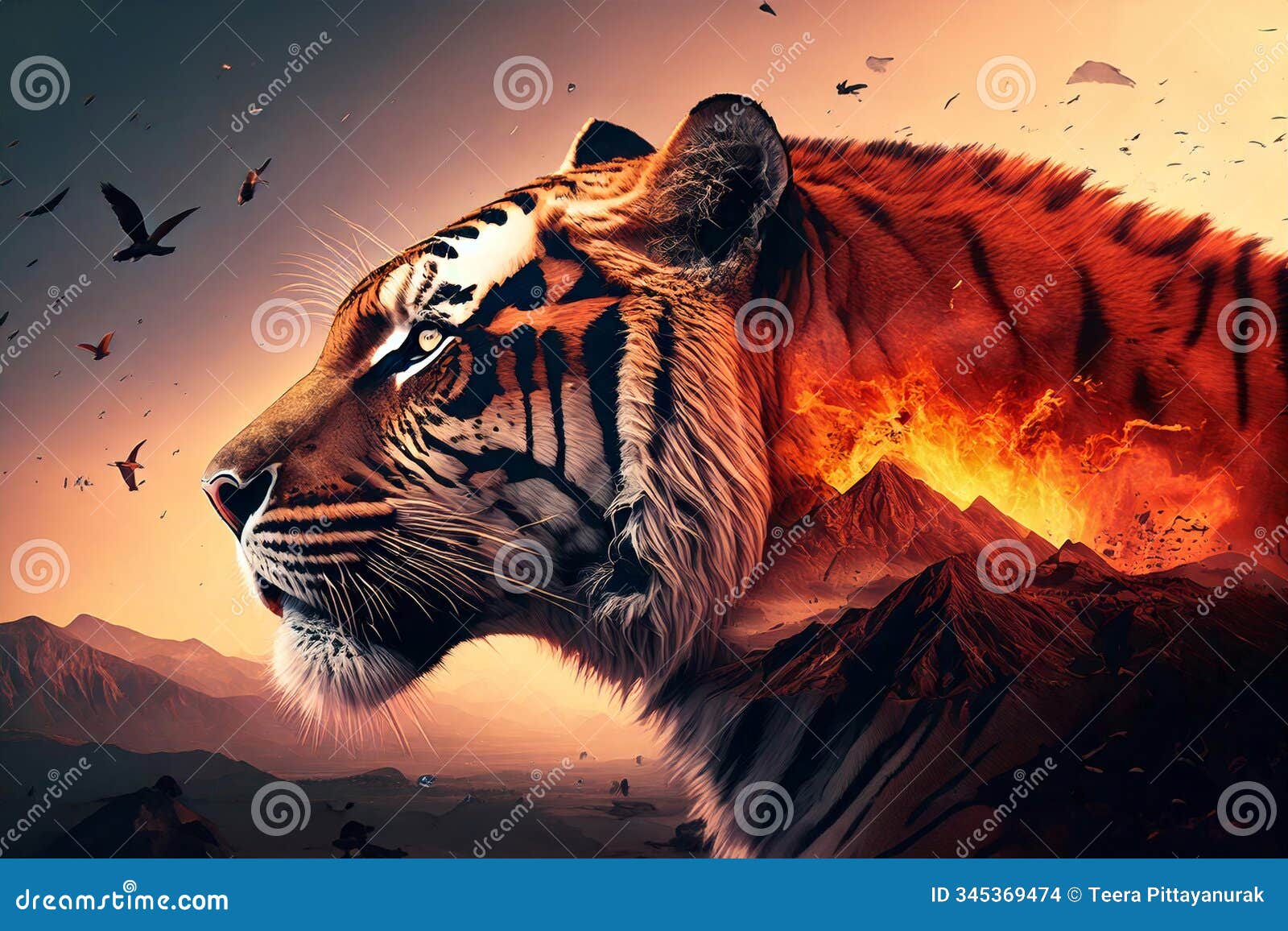 Tiger and Double Explorer of Forest Fire. Fire and Mountain Fire ...