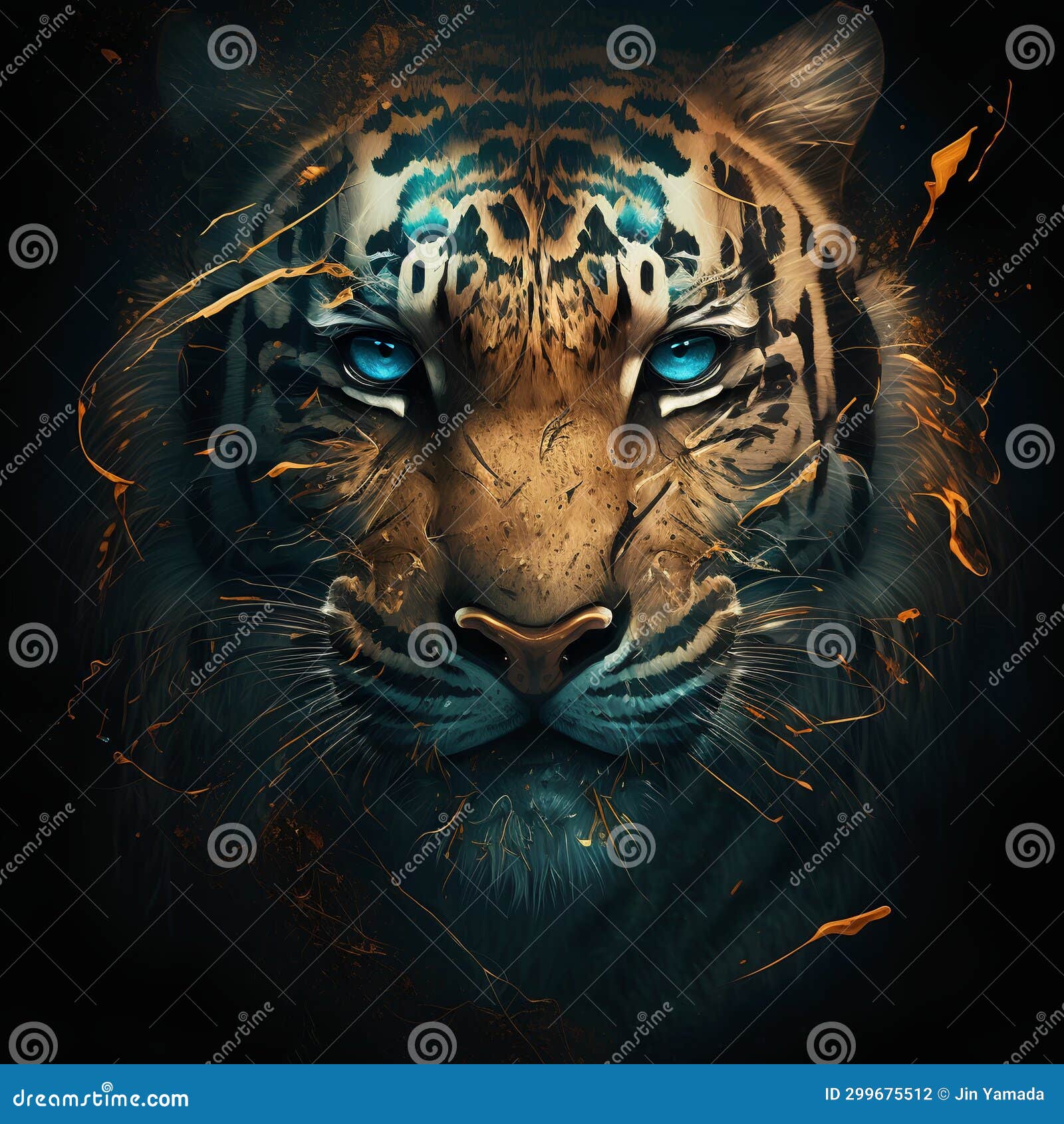 Tiger Face with Blue Eyes and Fire Flames. Abstract Background Stock ...