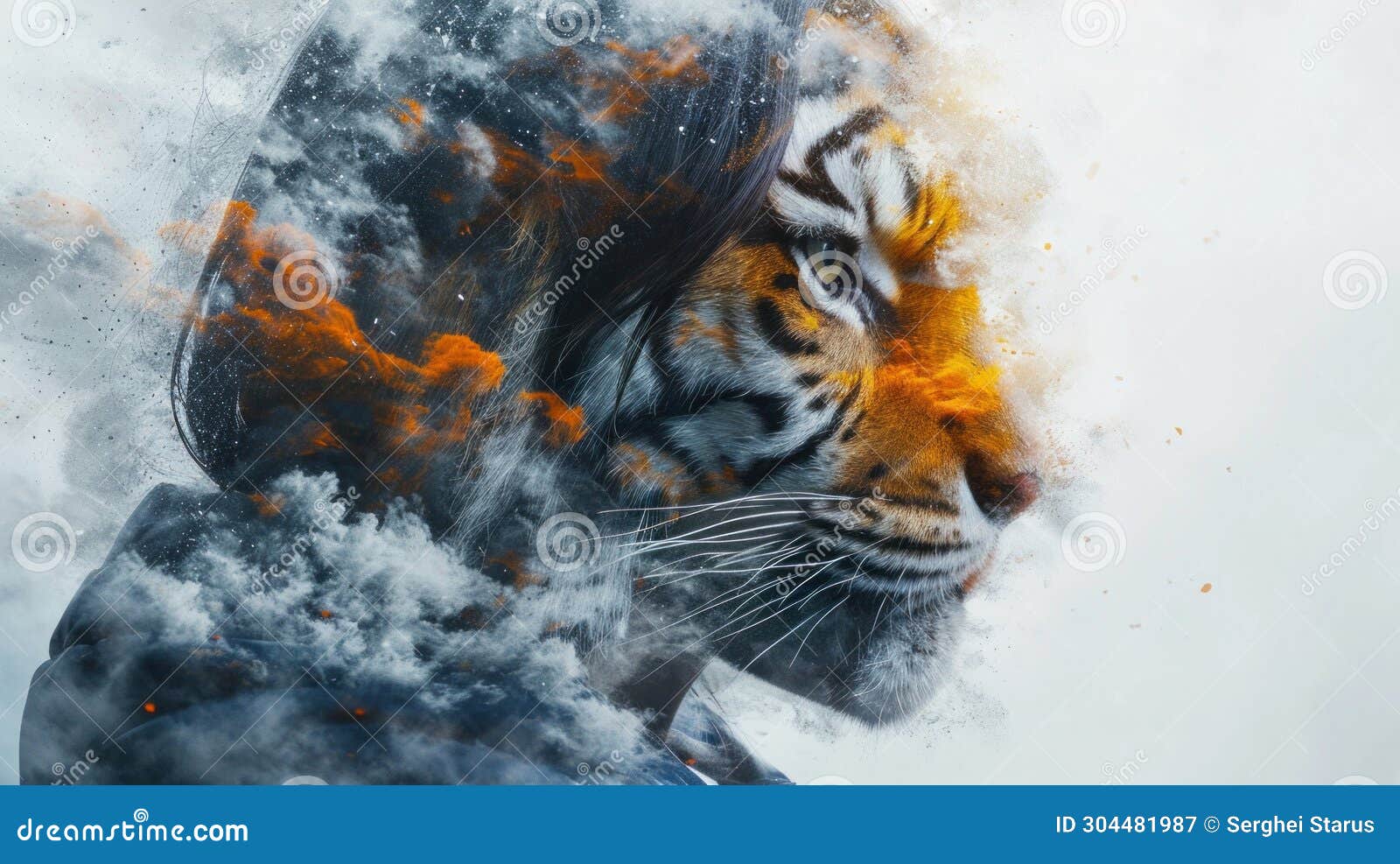 A Tiger with a Face of Smoke and Clouds in the Background, AI Stock ...