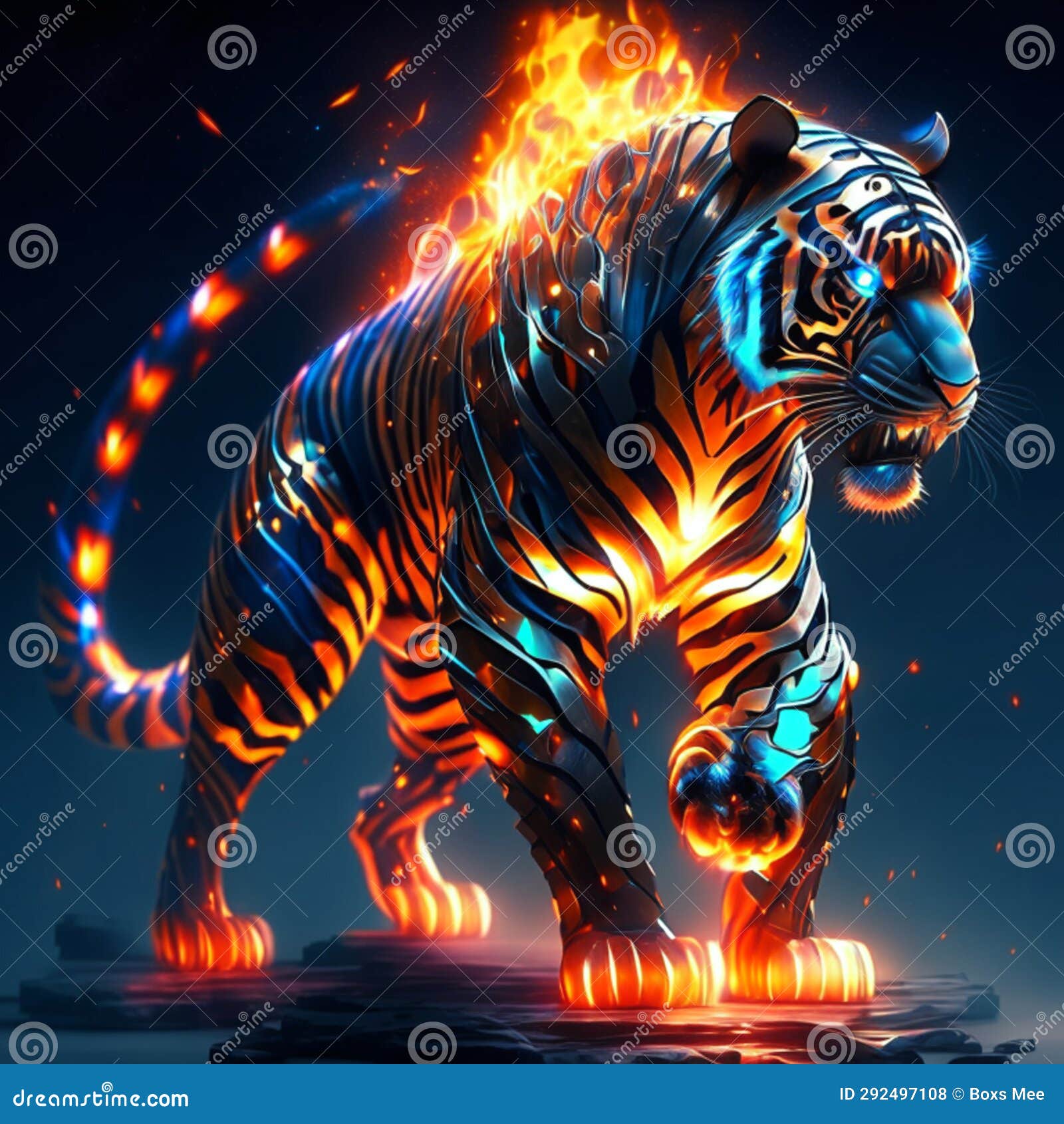 Tiger with Fire Effect on a Dark Background. Vector Illustration Stock ...