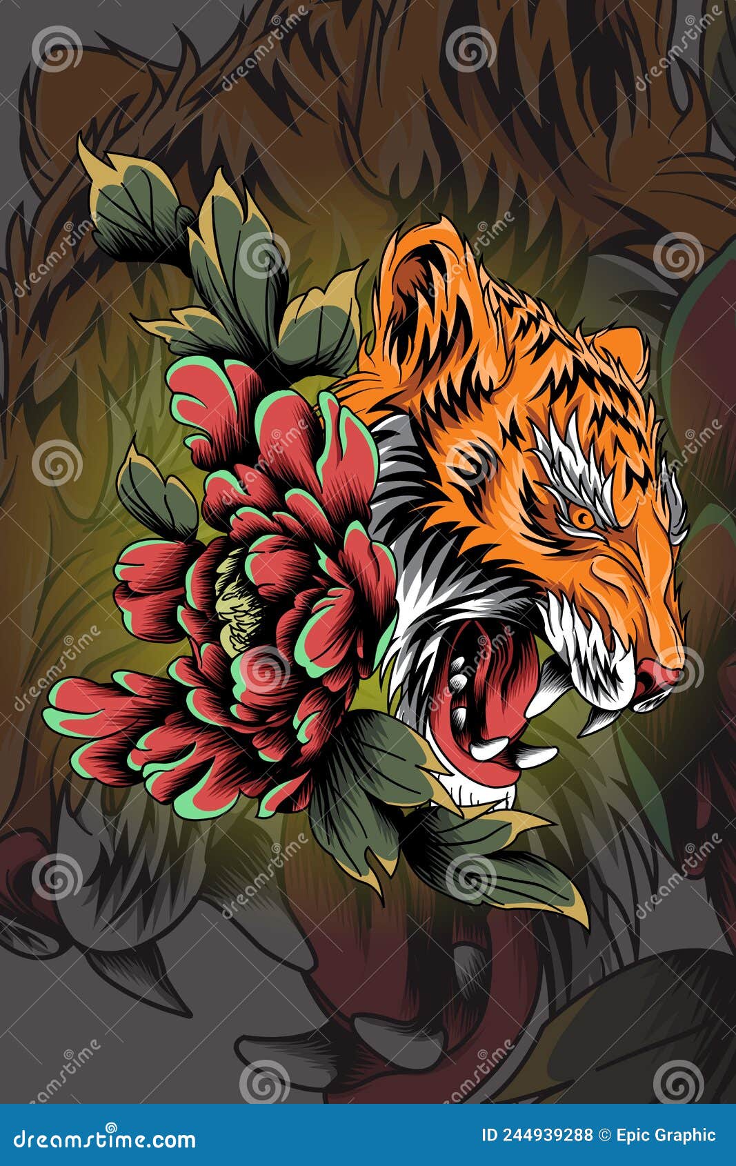 Tiger with Flower Vector Illustration Stock Vector - Illustration of ...