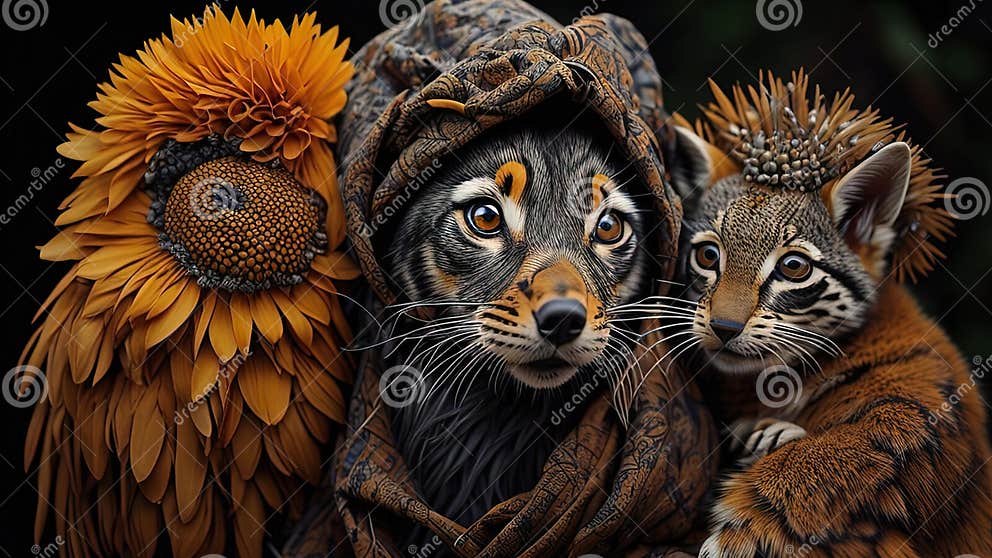 A Tiger and a Fox with a Sunflower. Generative Ai Stock Illustration ...