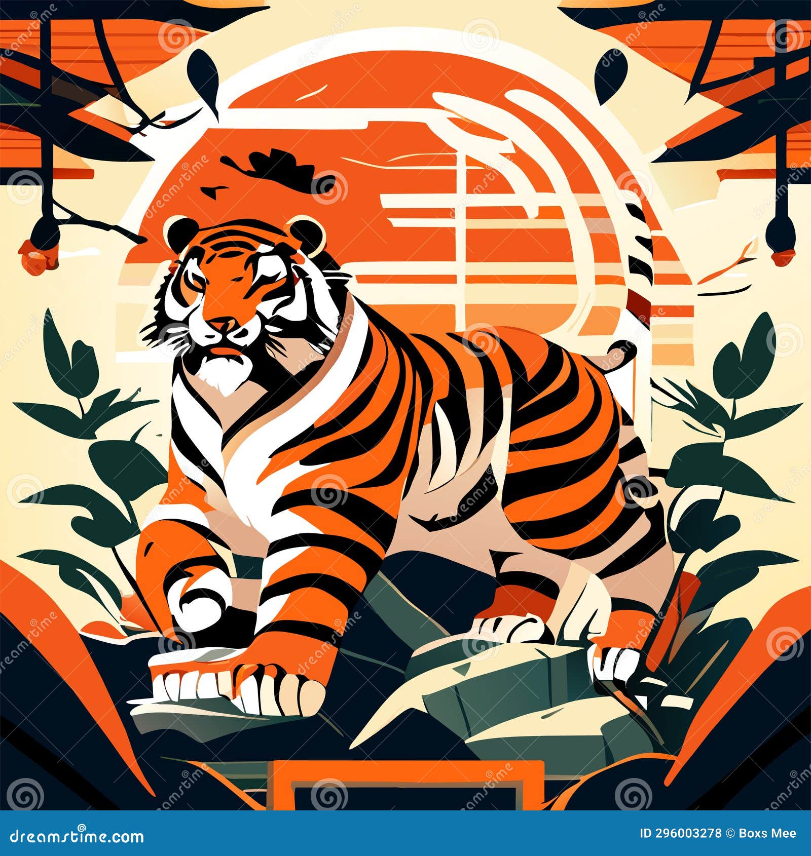Tiger in Front of the Sun. Vector Illustration in Flat Style Stock ...