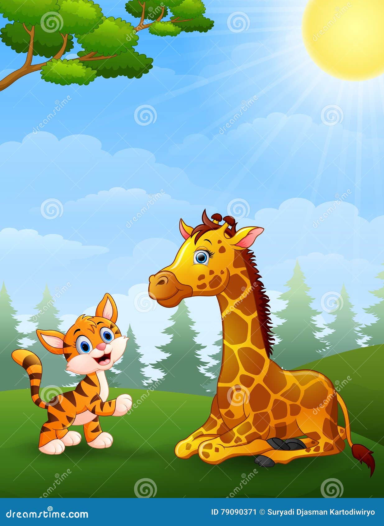 Tiger and Giraffe Cartoon in the Jungle Stock Vector - Illustration of ...