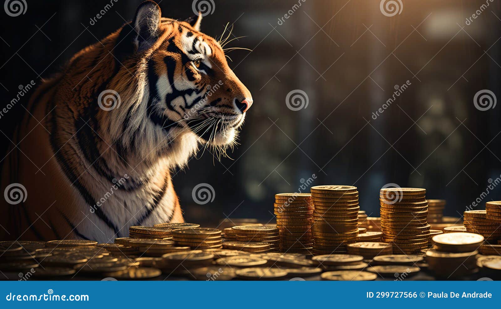 Tiger with gold coins stock illustration. Illustration of rich - 299727566