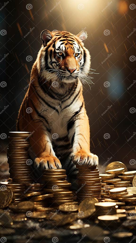Tiger with gold coins stock illustration. Illustration of bonds - 299727614