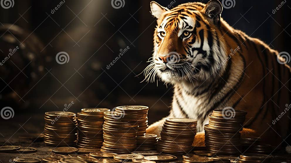 Tiger with gold coins stock illustration. Illustration of wealth ...