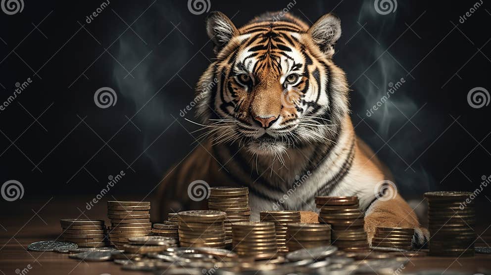 Tiger with gold coins stock illustration. Illustration of tiger - 299727664