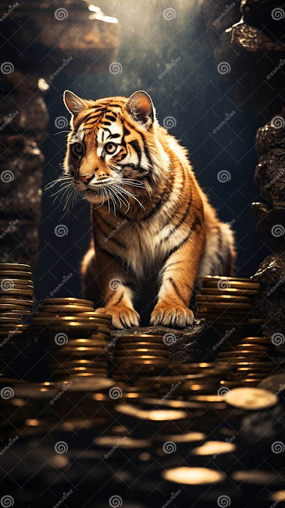 Tiger with gold coins stock illustration. Illustration of salary ...