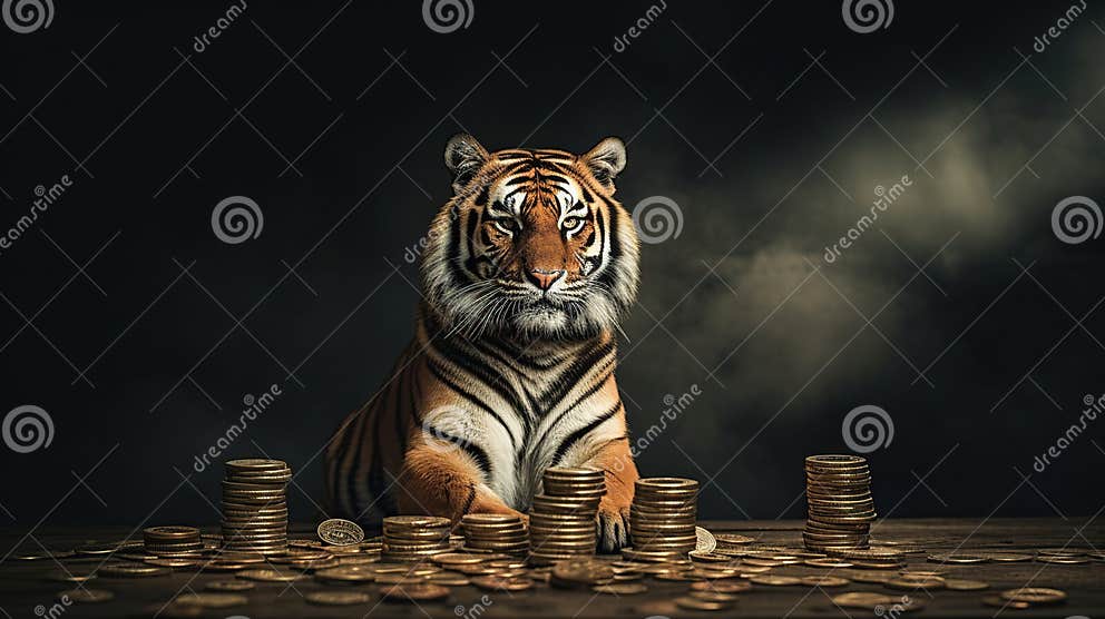 Tiger with gold coins stock illustration. Illustration of animal ...