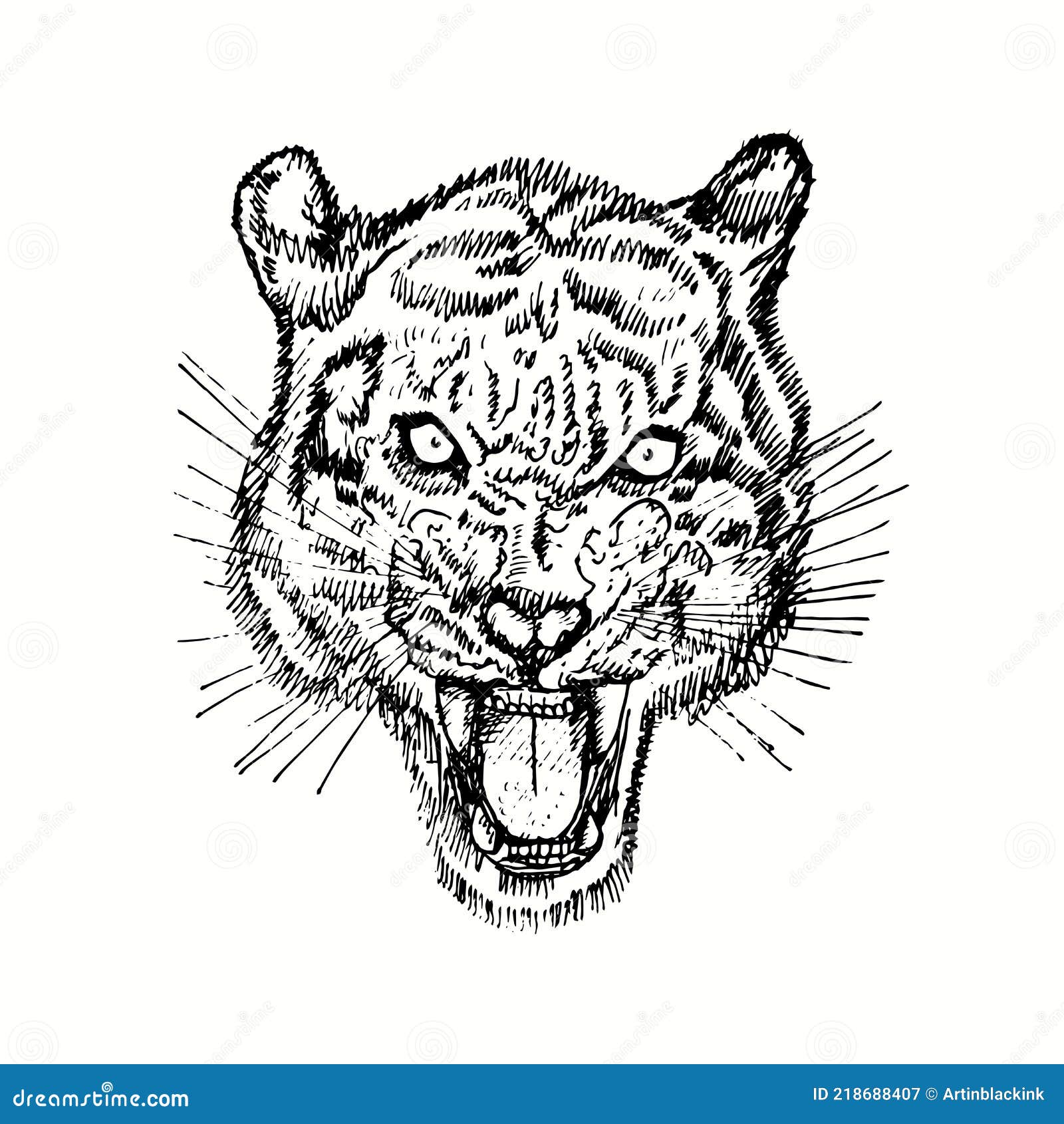 Tiger Growling Muzzle Front View. Ink Black and White Drawing Stock ...