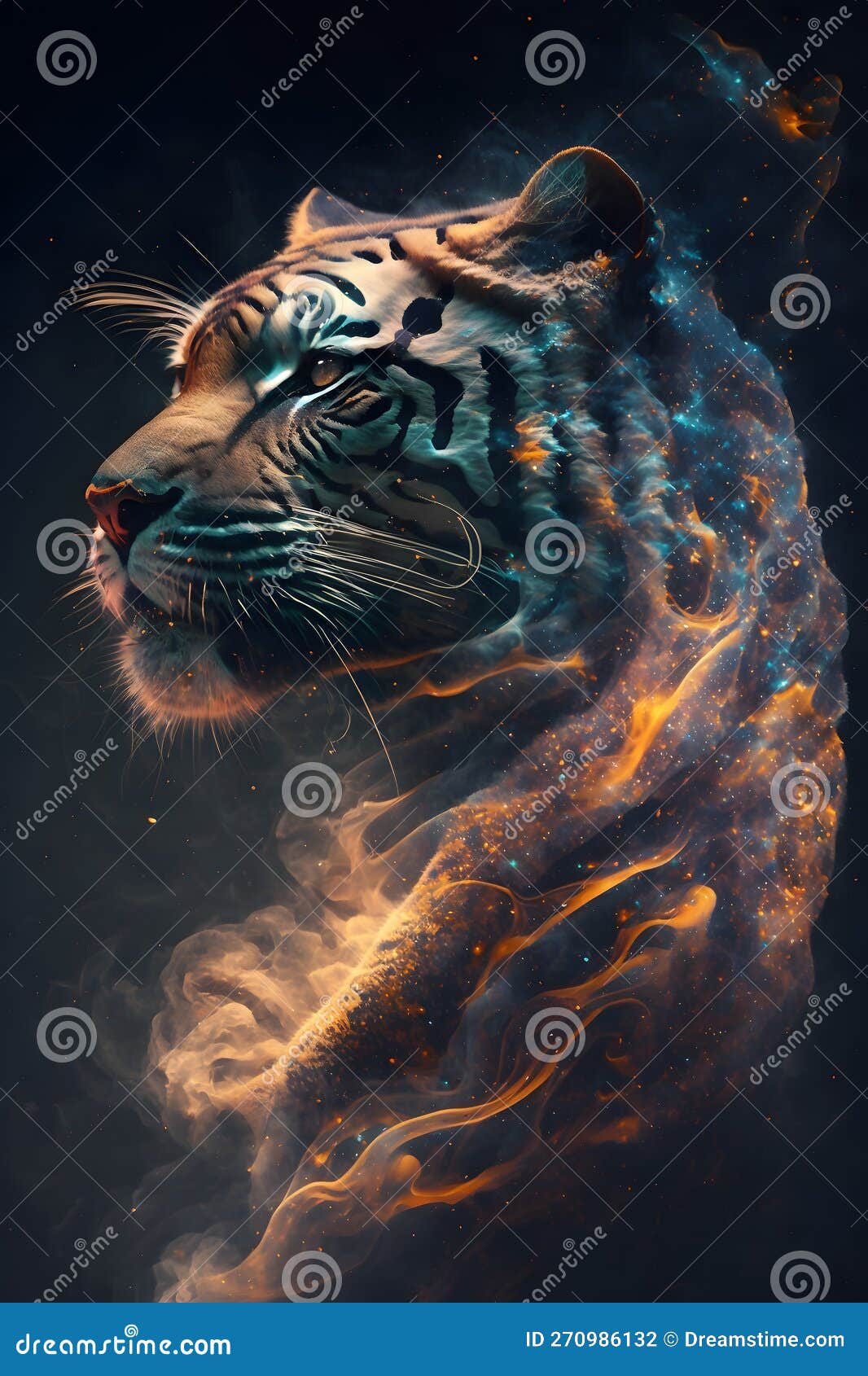Tiger Head Connected with Galactic Nebula. a Tiger on a Black ...