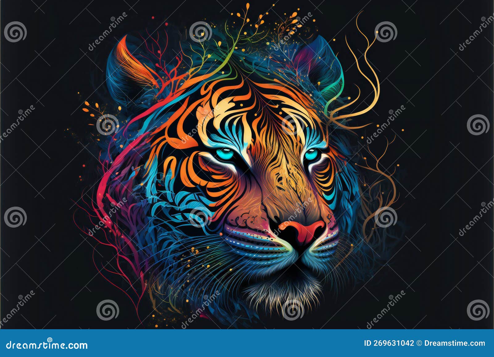 Tiger Head with Creative Elements on Colorful, Hand Drawn & Artistic ...
