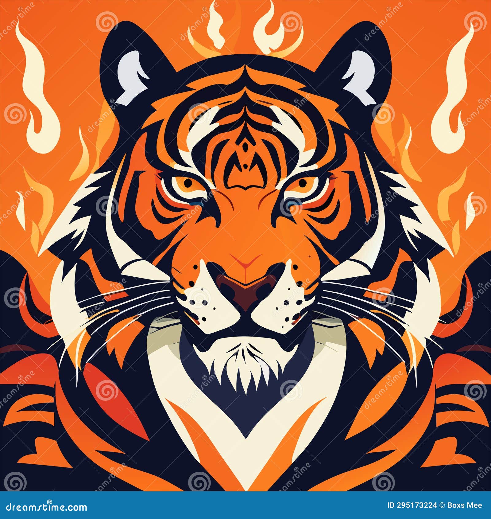 Tiger Head with Fire Flames on Orange Background. Vector Illustration ...