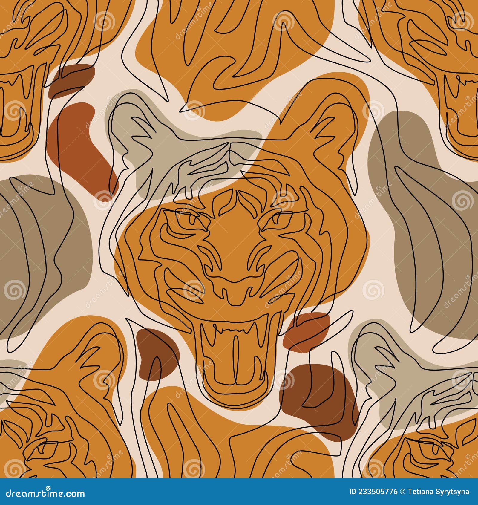 Tiger Head Line Drawing, Minimal Elements Seamless Pattern Stock Vector ...