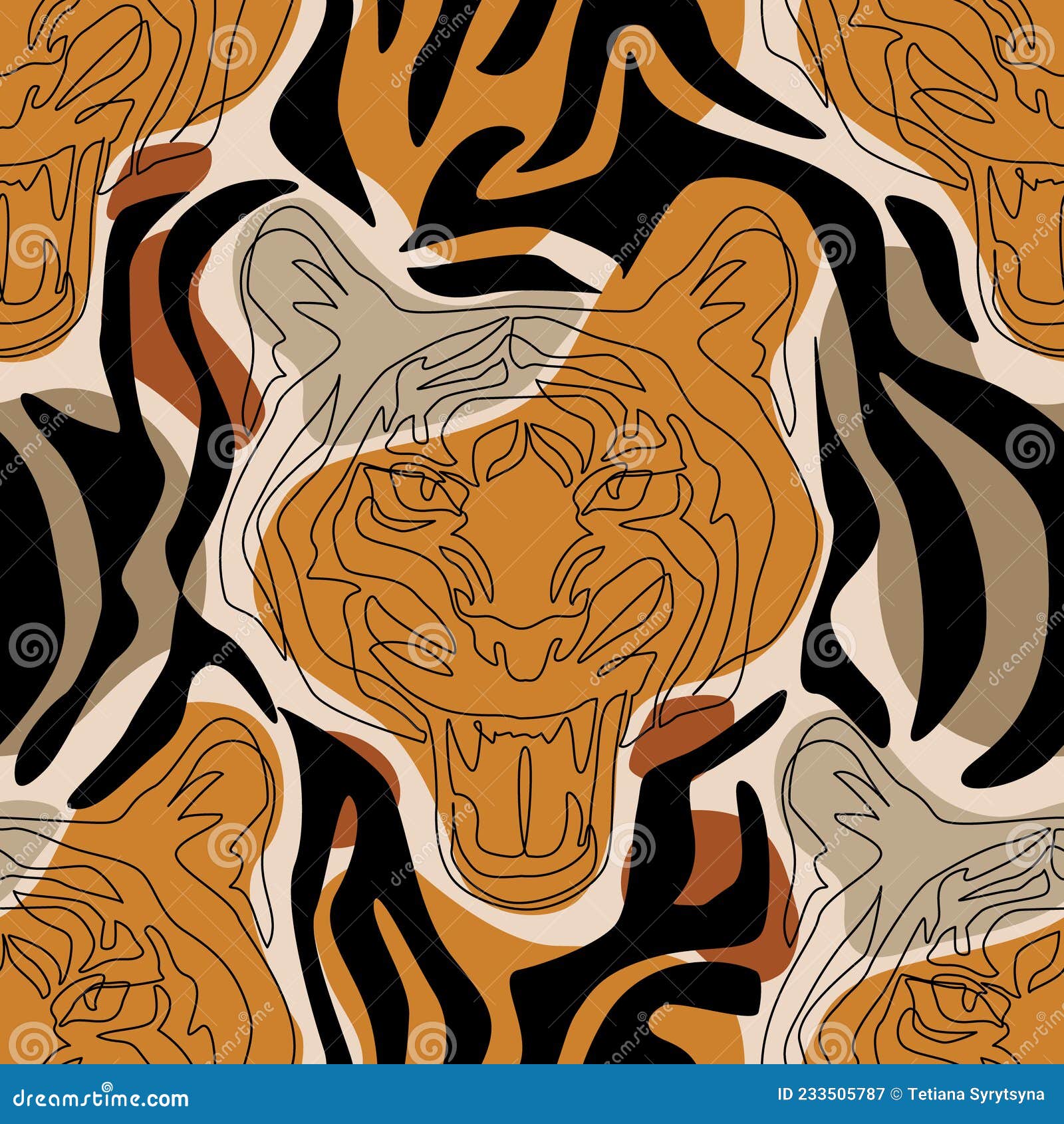 Tiger Head Line Drawing, Minimal Elements Seamless Pattern Stock Vector ...