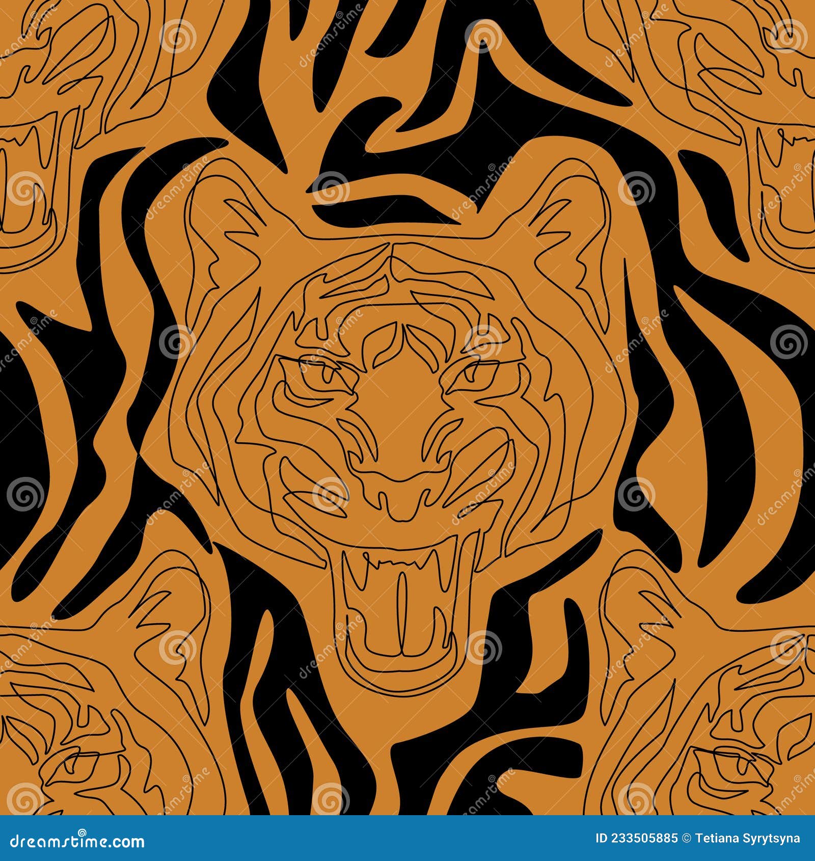 Tiger Head Line Drawing, Minimal Elements Seamless Pattern Stock Vector ...