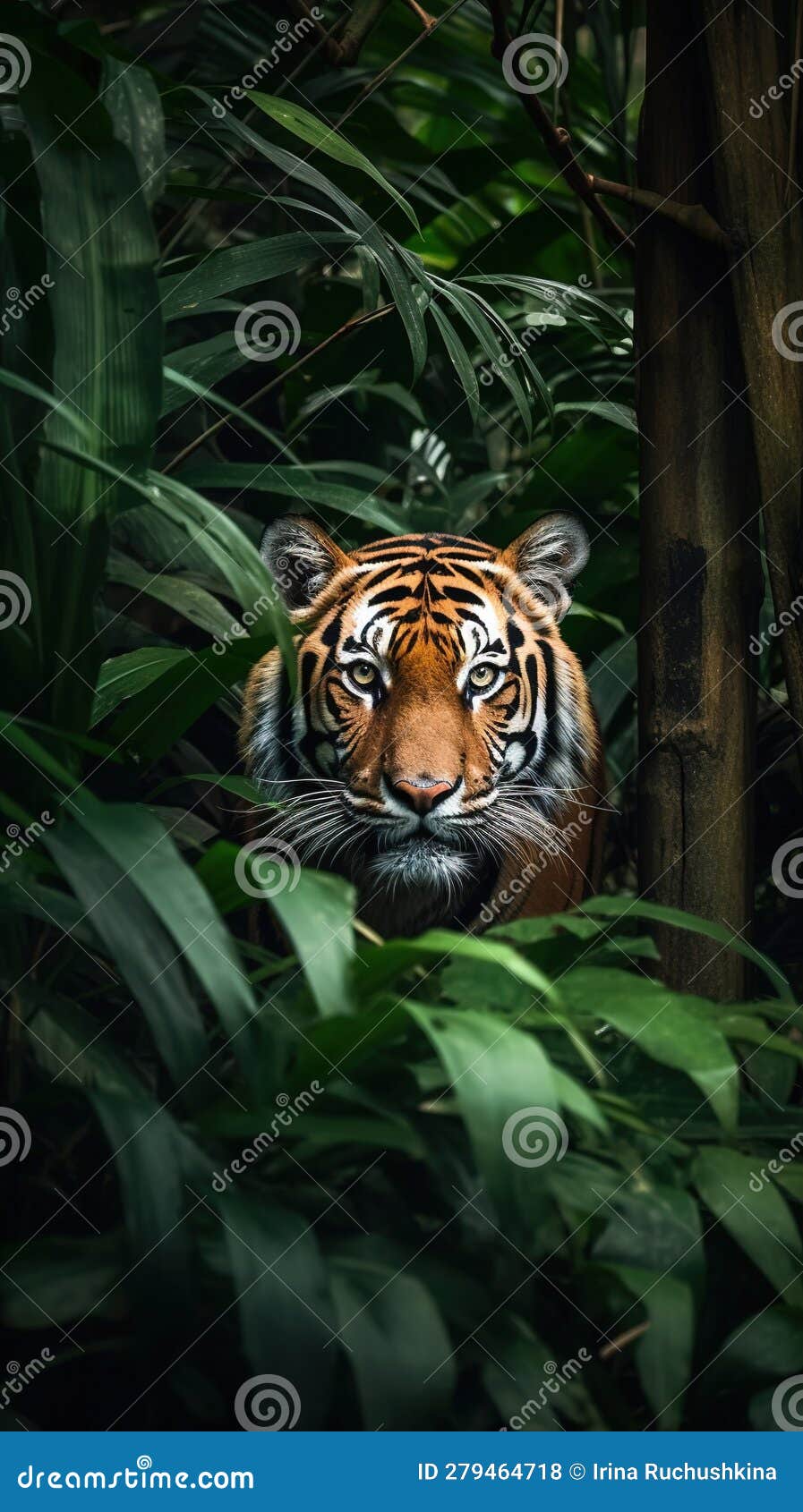 A Tiger Hiding in the Foliage of the Jungle Shows Its Muzzle with an ...