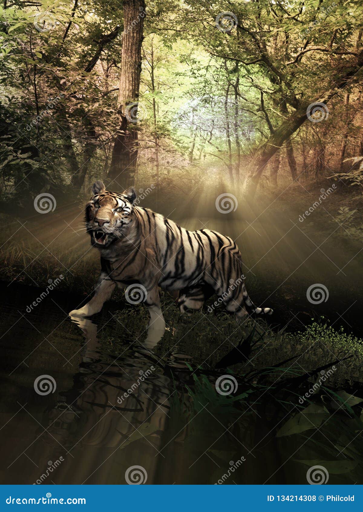 Tiger Inside the Forest at Sunrise Stock Illustration - Illustration of ...