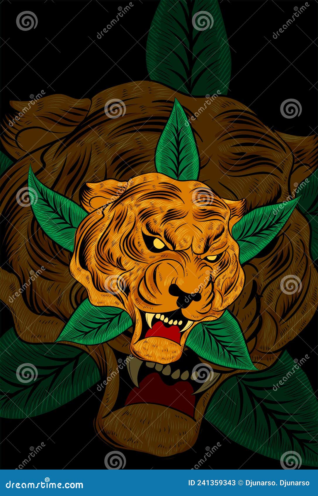 Tiger with Green Leaf Vector Illustration Stock Vector - Illustration ...
