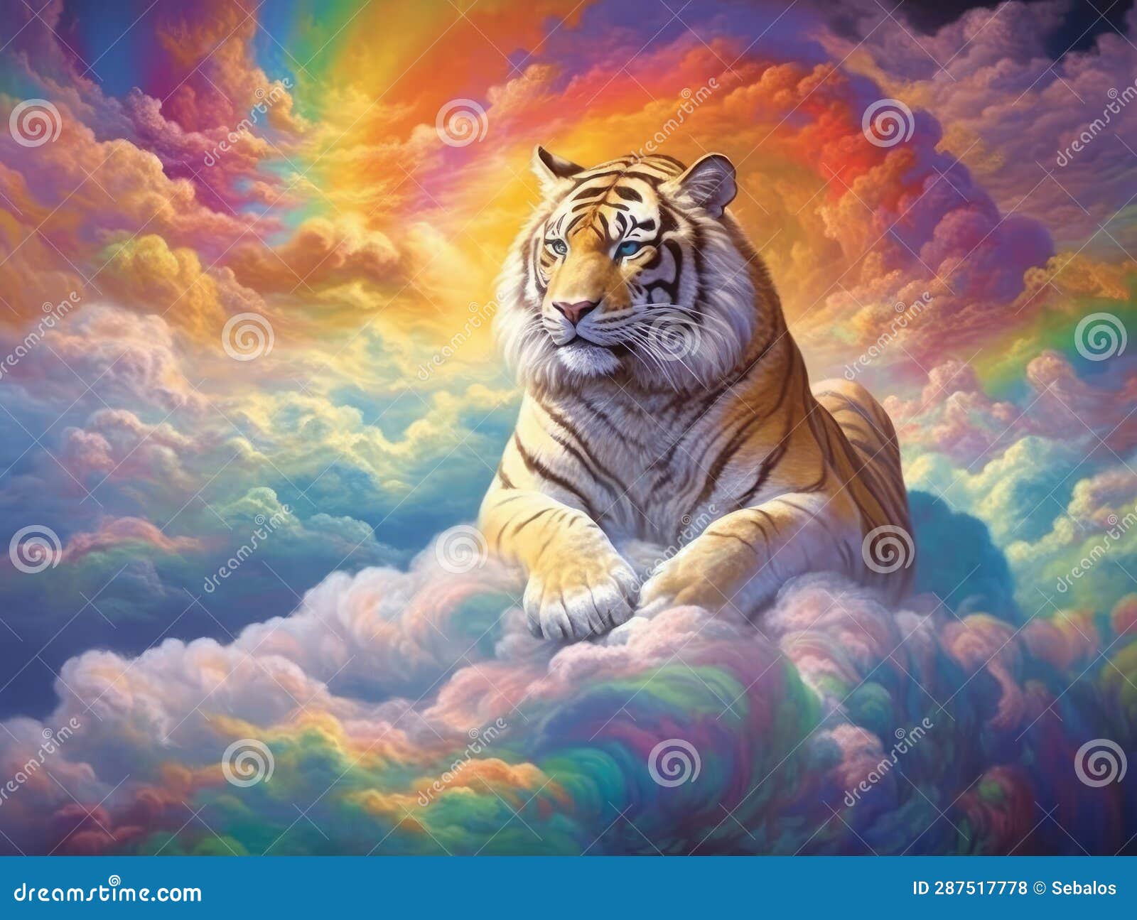 Tiger Lounging on a Rainbow Cloud, Paws Outstretched Stock Illustration ...