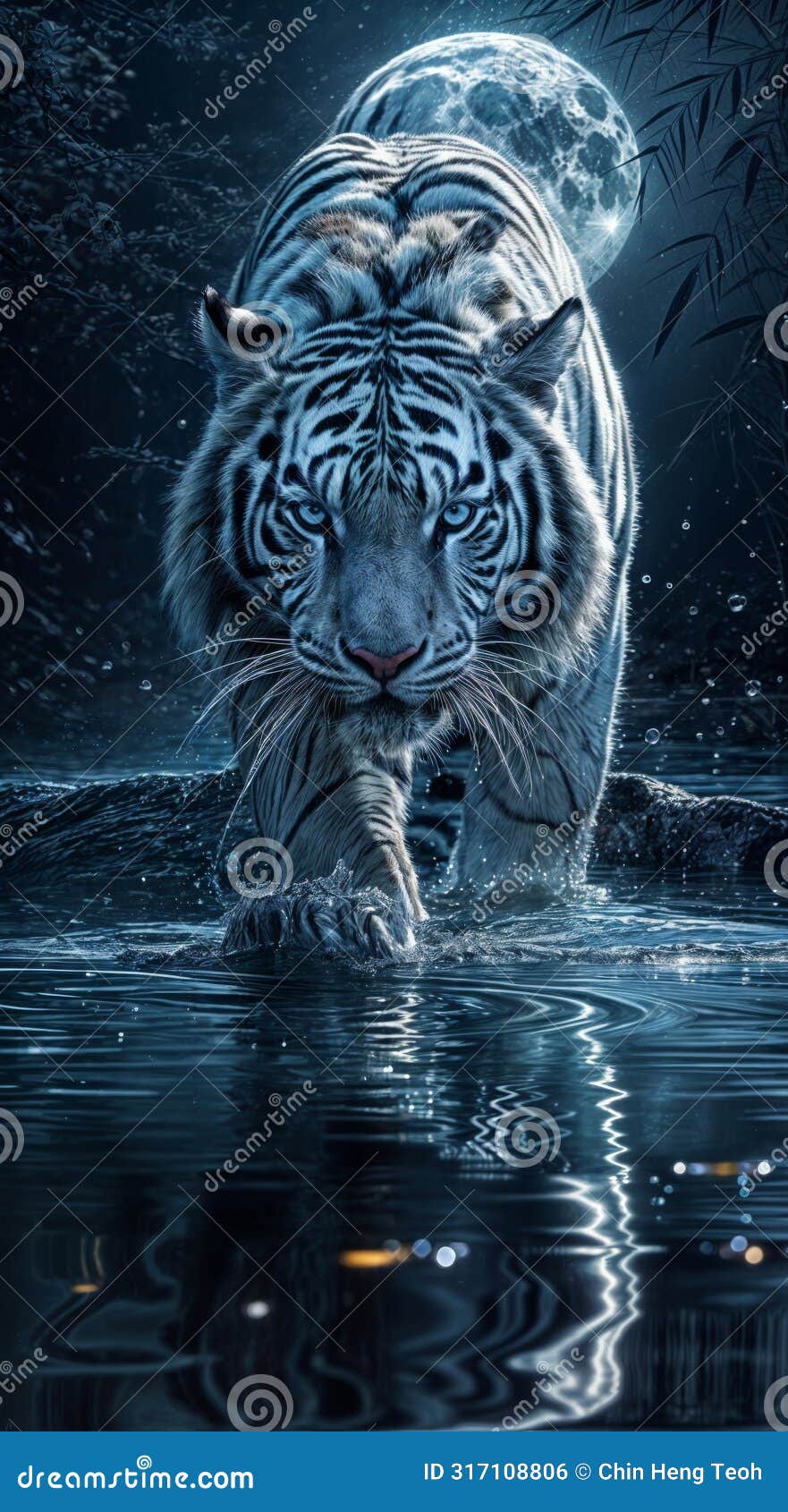 Tiger with Moon in the Night Sky Stock Illustration - Illustration of ...