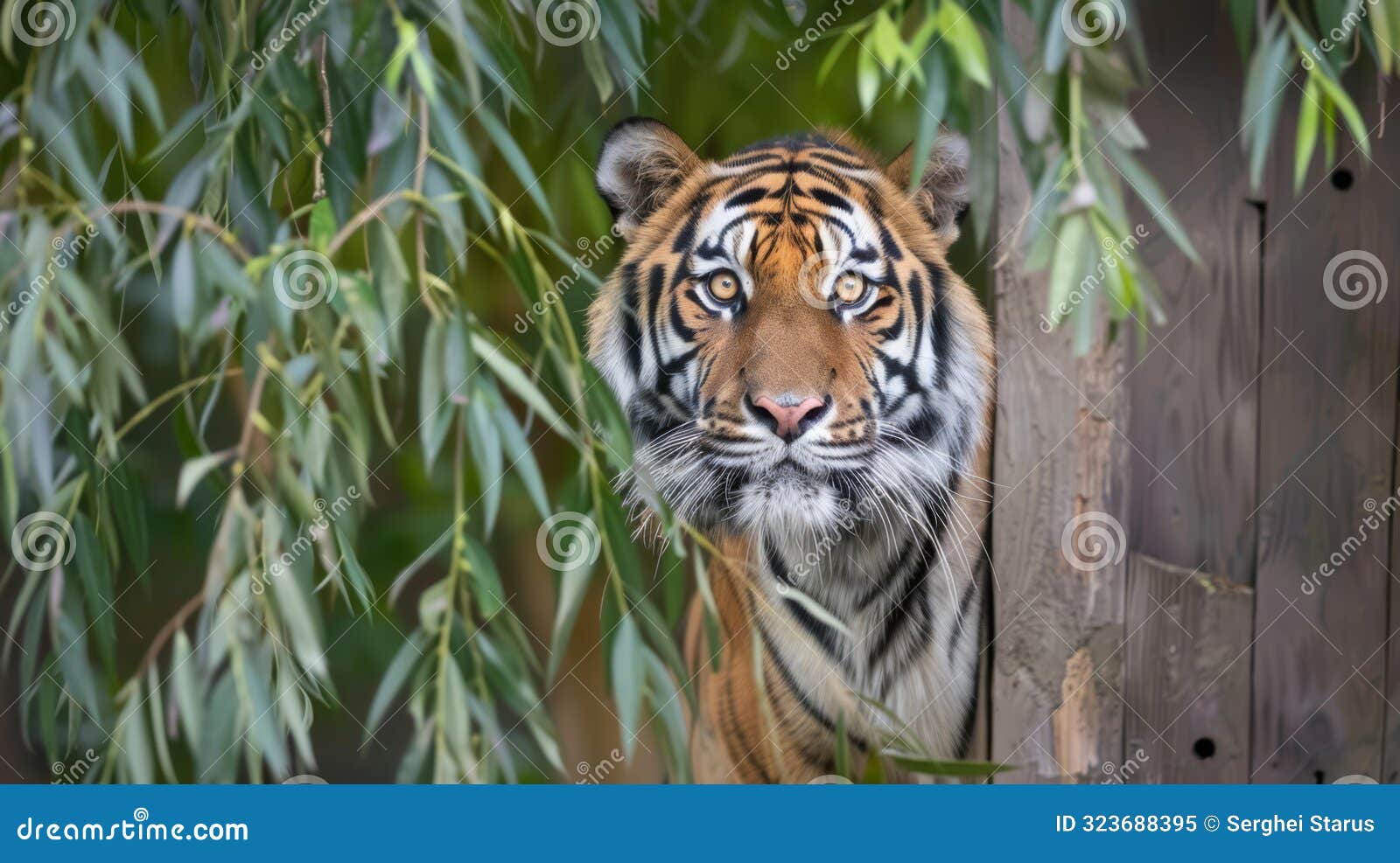A Tiger Peeking Out from Behind a Tree Branch in the Forest, AI Stock ...