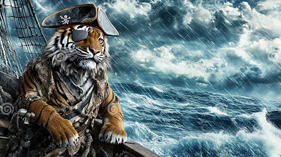Pirate Tiger on a Ship in a Storm Stock Image - Image of shipwreck ...