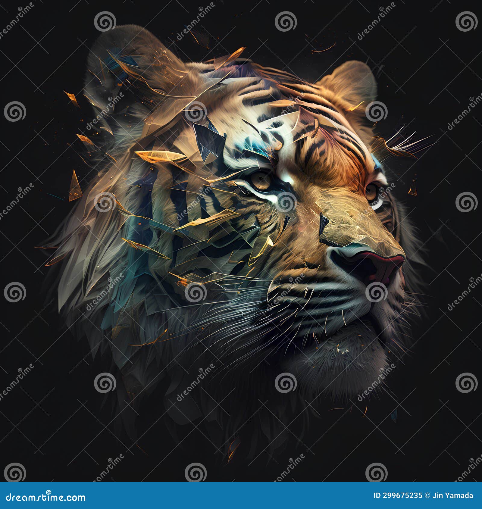 Tiger Portrait with Fire Effect on Dark Background. 3D Rendering Stock ...