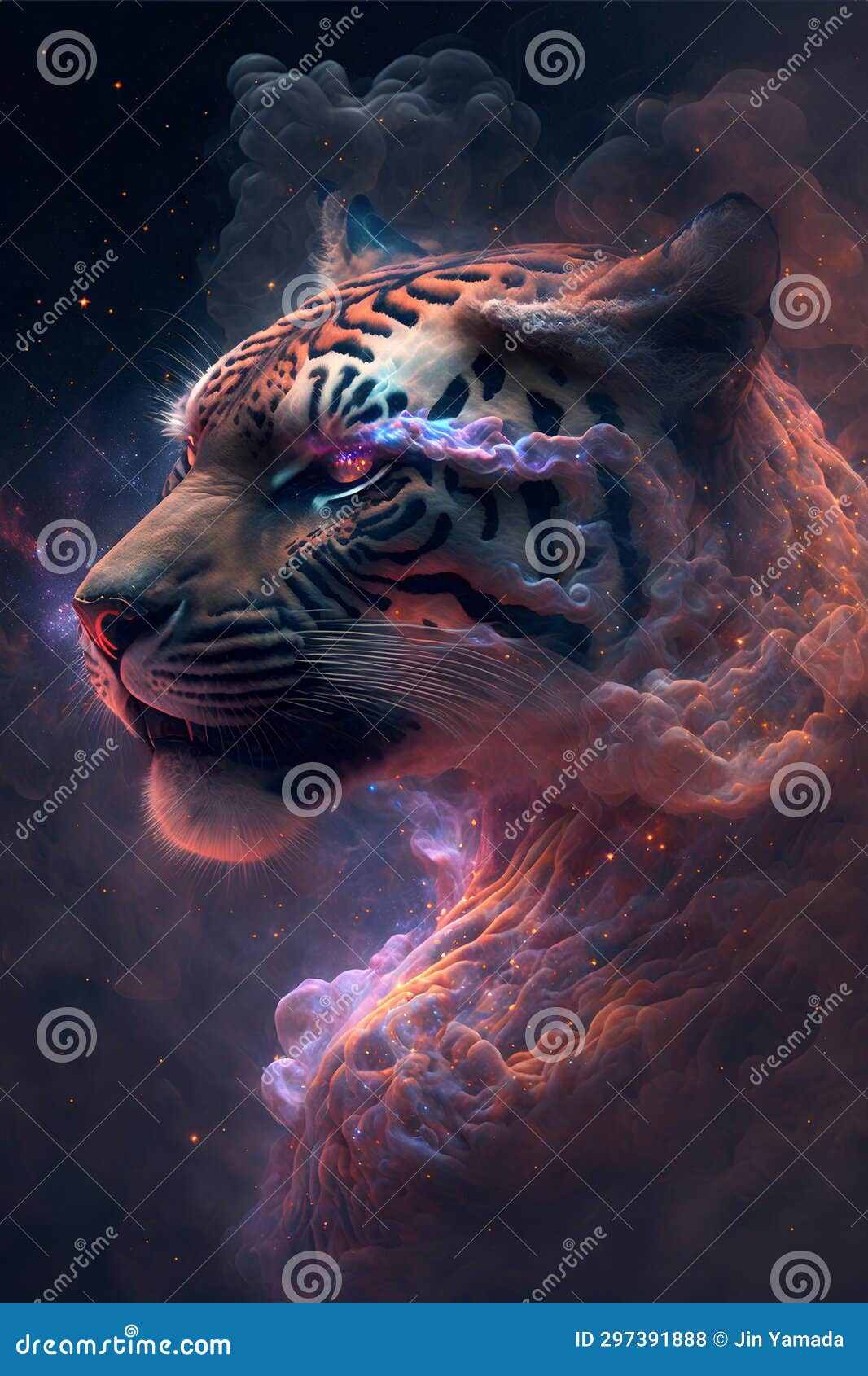 Tiger Portrait in Space with Stars and Nebula, 3D Illustration Stock ...
