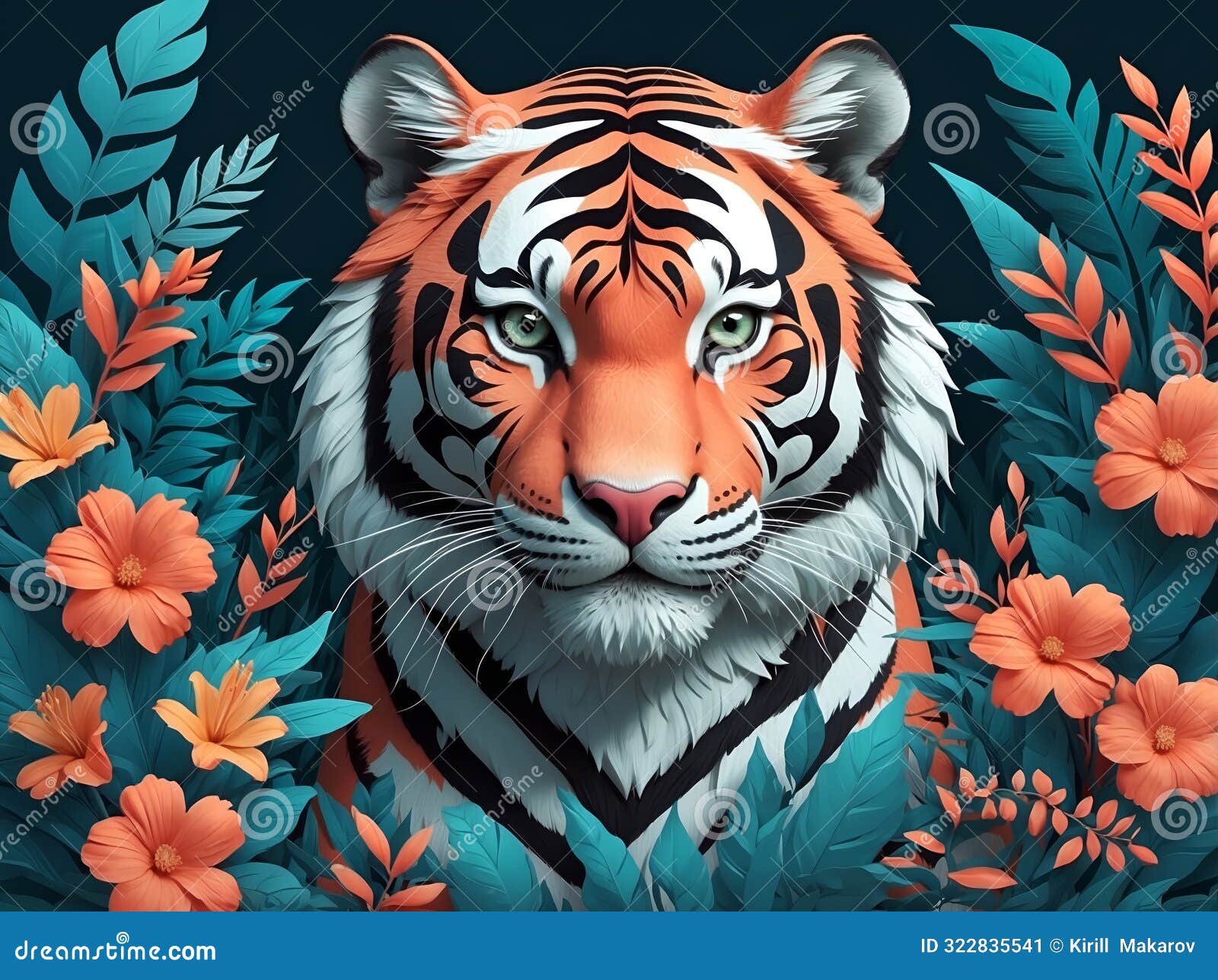 Tiger Posing with Vibrant Tropical Flowers and Plants Creating a ...
