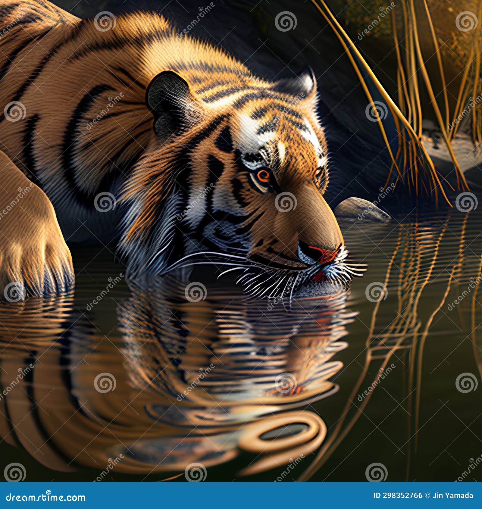 Tiger with Reflection in Water. 3D Illustration. Tiger Face Stock ...