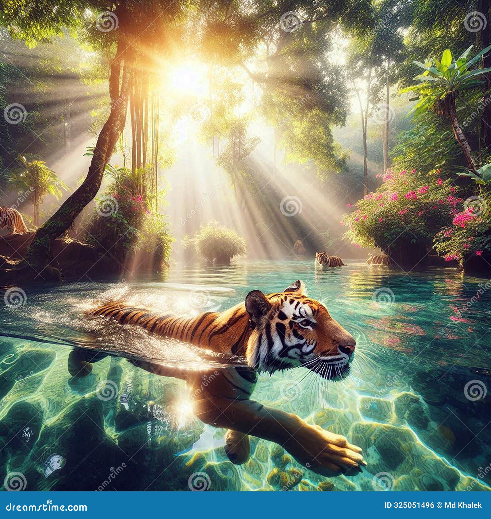 Tiger with Reflection in Water Looking Camera Stock Illustration ...