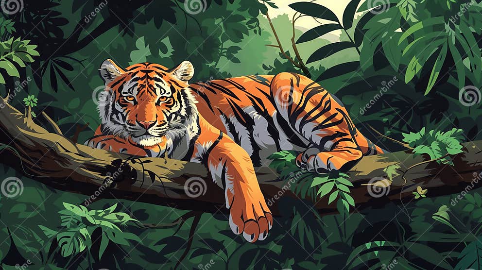 A Tiger Rests on a Tree Branch in the Jungle Stock Photo - Image of ...