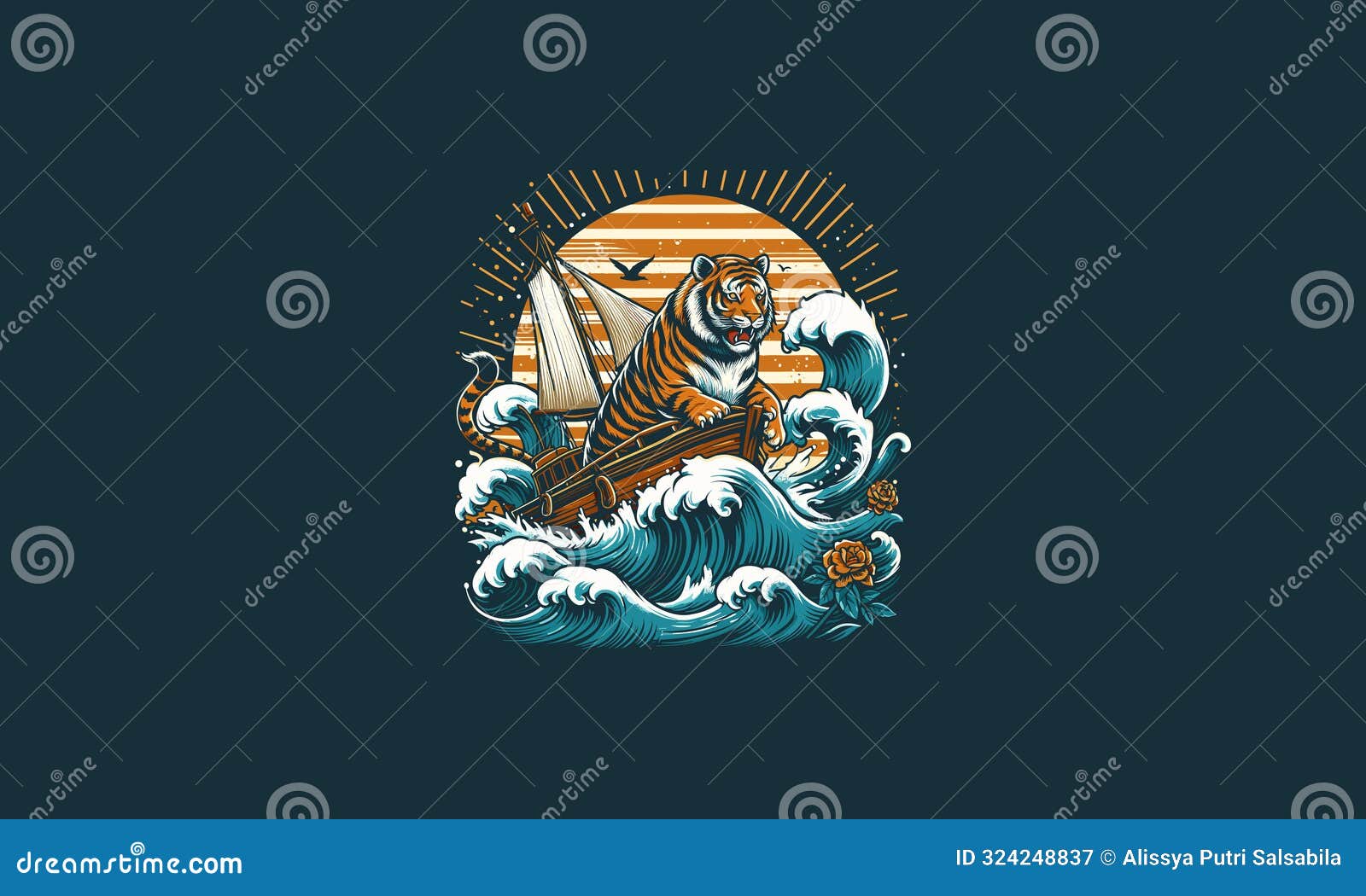 Tiger Riding Ship on Sea Vector Artwork Design Stock Vector ...