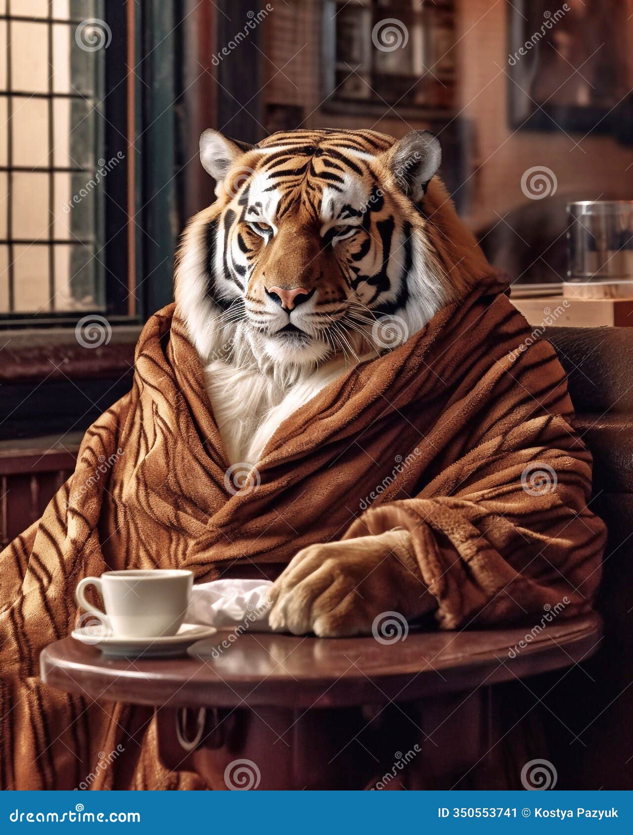 Tiger in a Robe Sits Opposite the Window with a Cup of Coffee Stock ...
