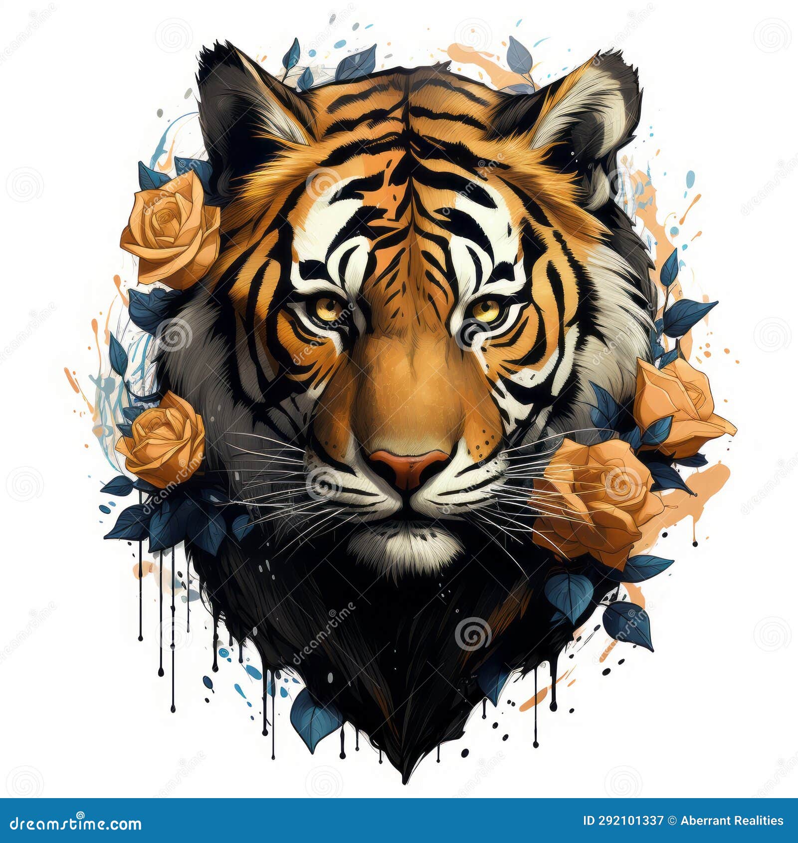 A Tiger with Roses on Its Head Stock Illustration - Illustration of ...