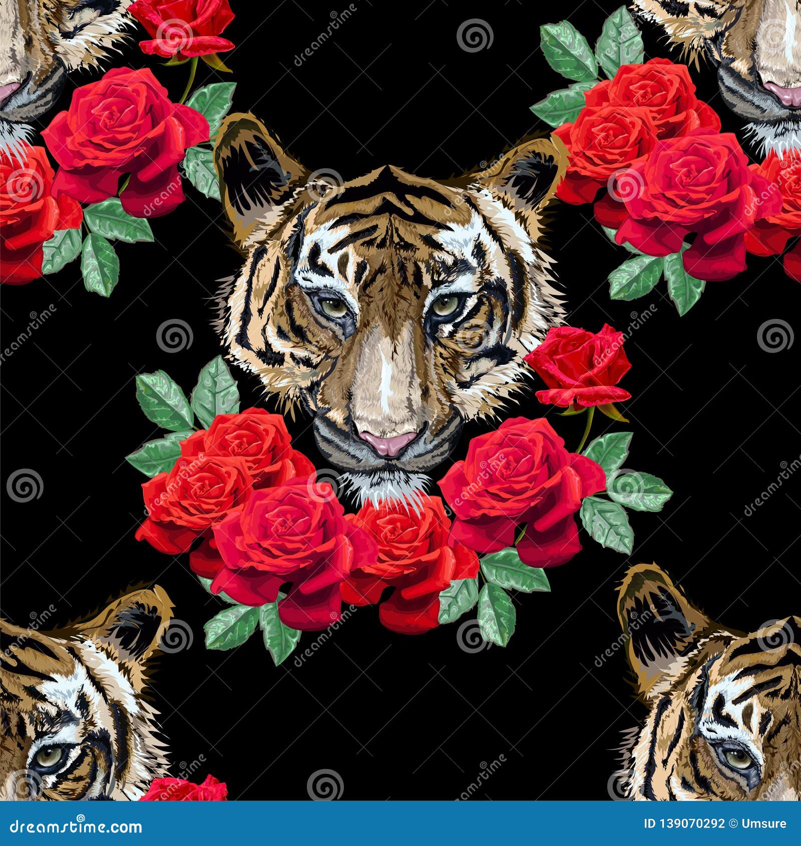 Tiger with Roses Seamless Pattern Stock Vector - Illustration of shirt ...