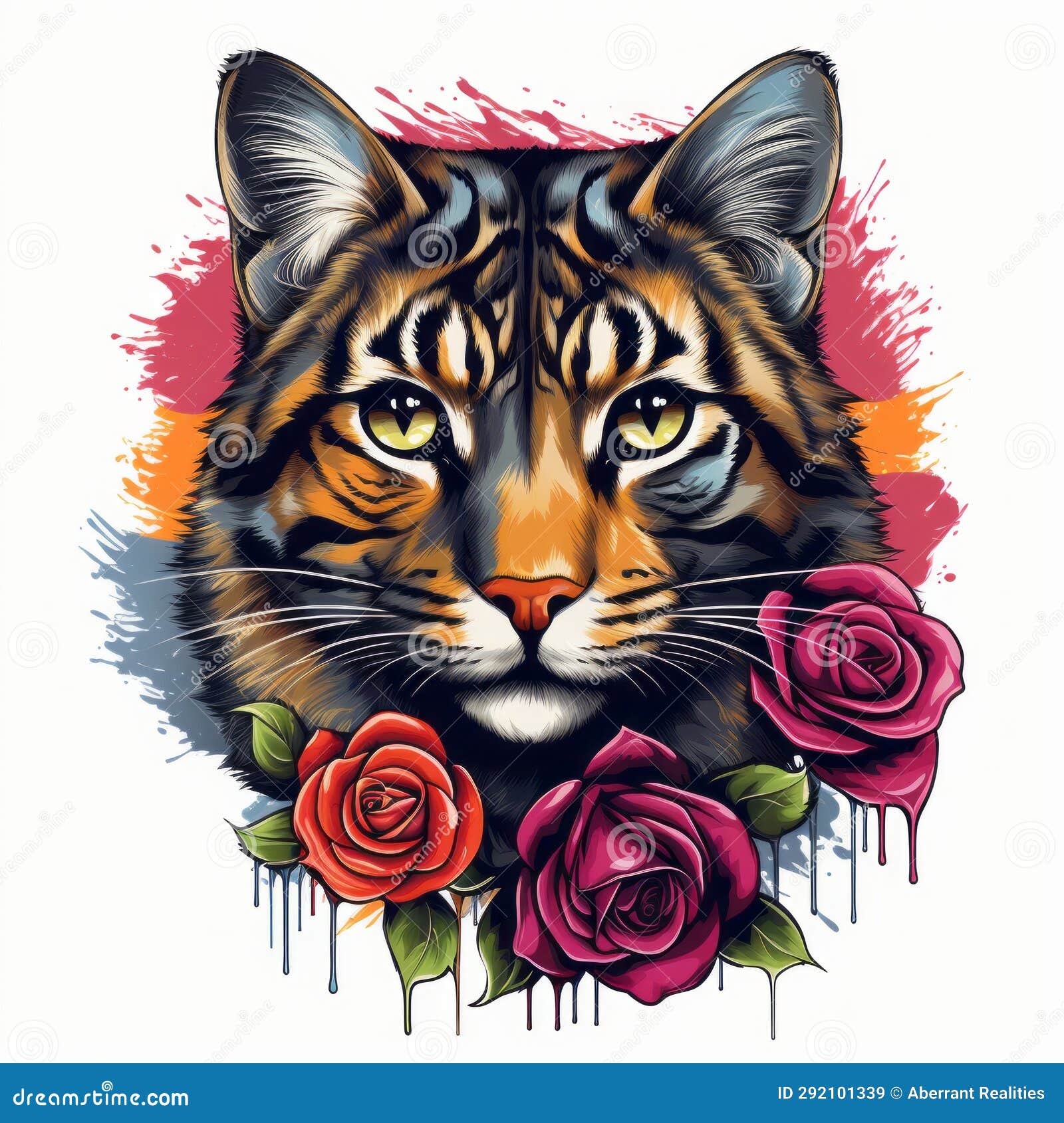 A Tiger with Roses on a White Background Stock Illustration ...