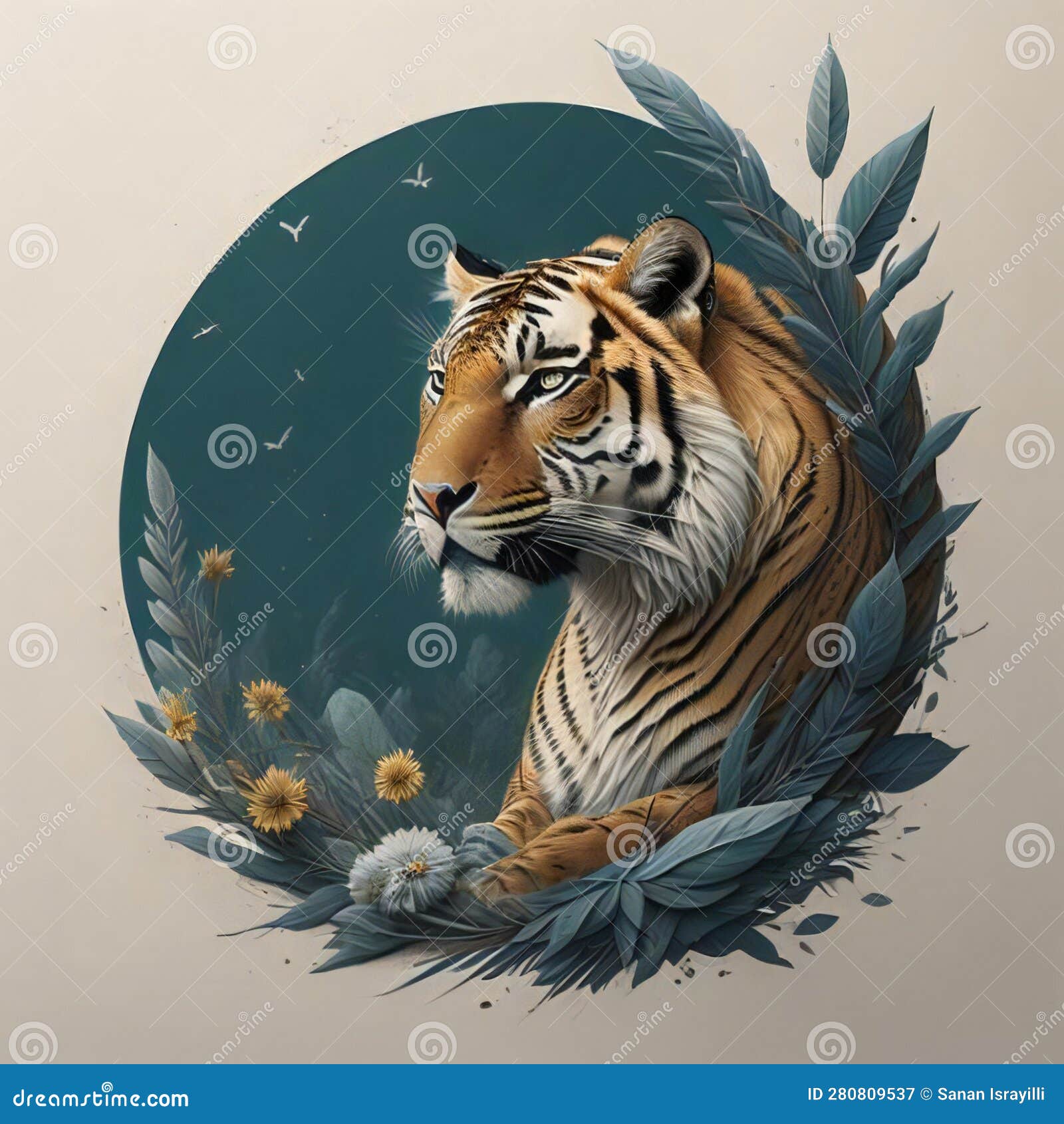 Tiger in a Round Frame with Flowers and Leaves. Generative Ai Stock ...