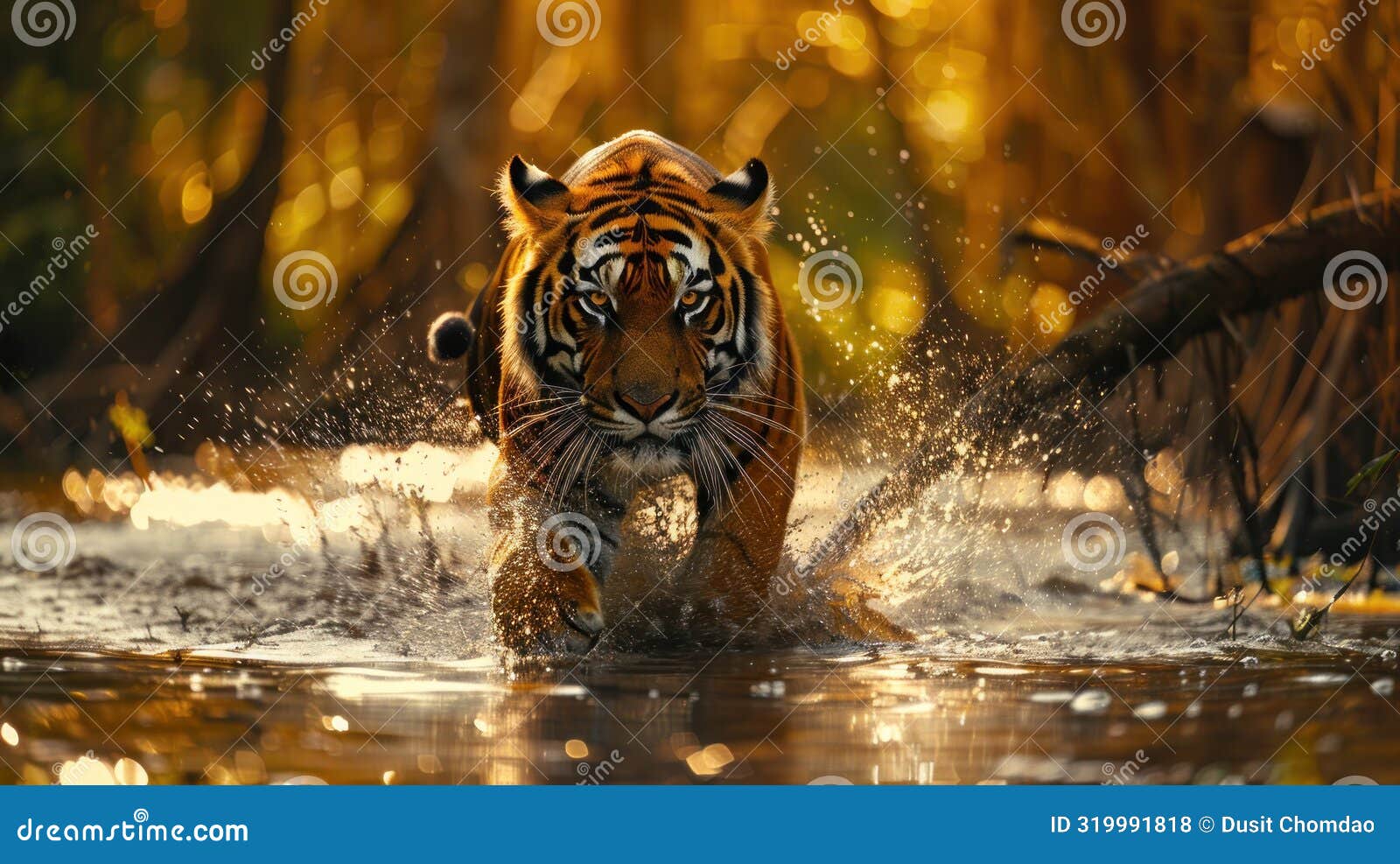 A Tiger is Running through the Water, Leaving a Trail of Splashes ...