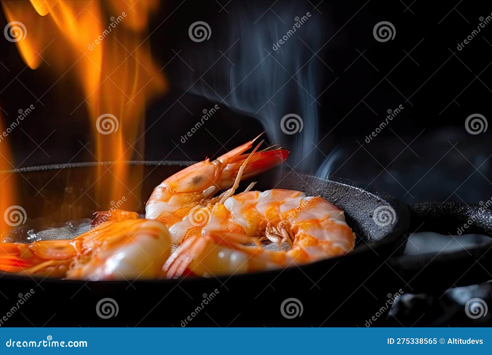 Tiger Shrimp Prawn Sizzling In A Pan, With Its Shell On Fire Royalty ...
