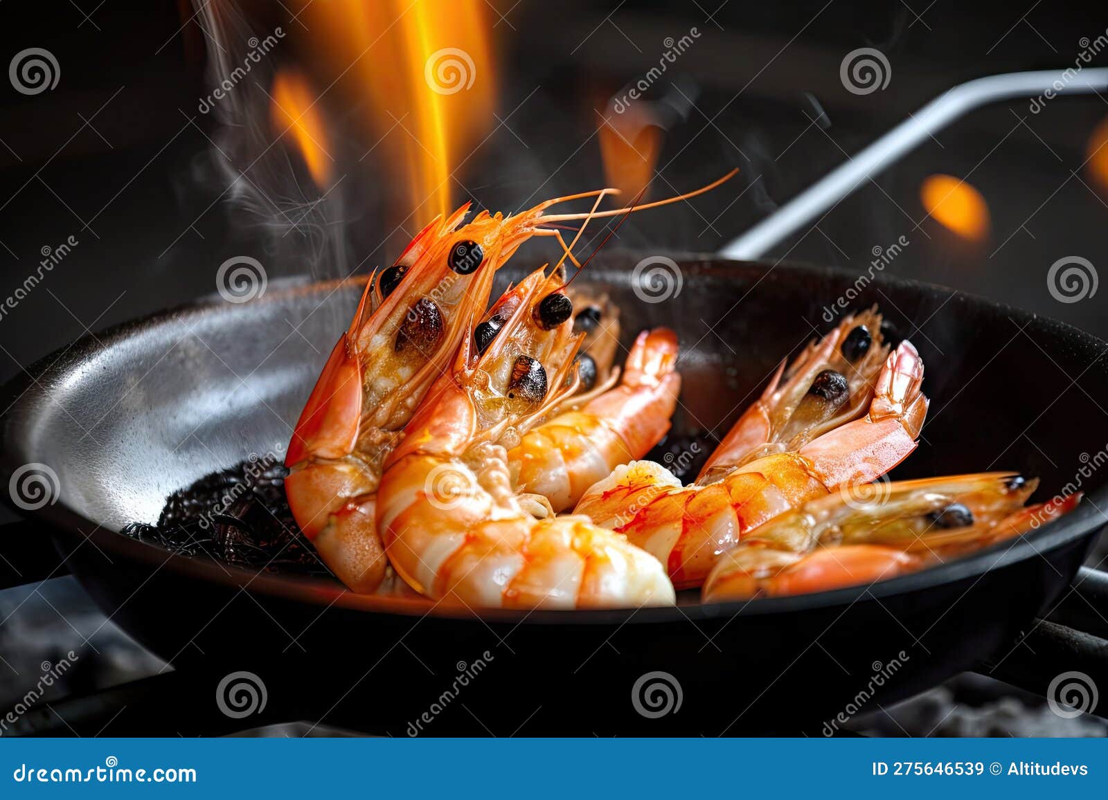 Tiger Shrimp Prawn Sizzling in a Pan, with Its Shell on Fire Stock ...
